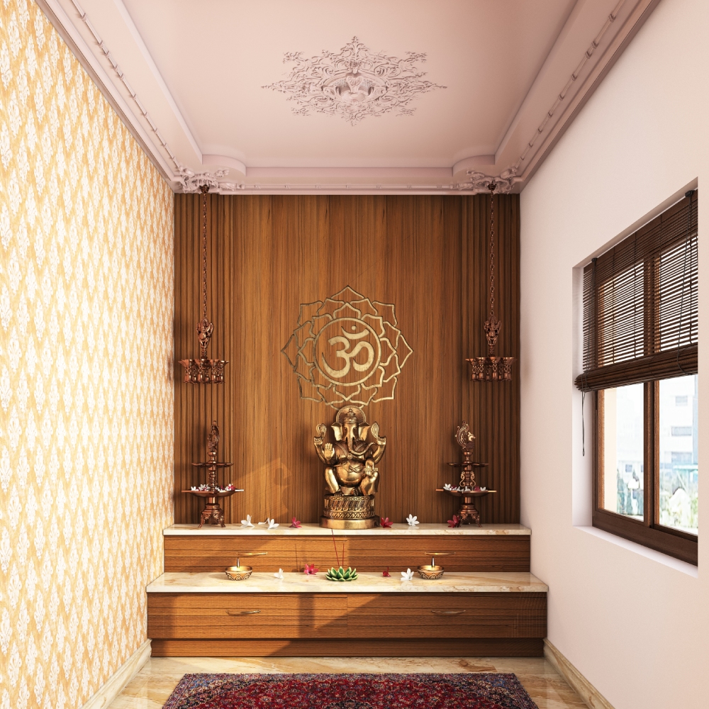 Classic Brown Wooden Panels Wall Design: Customizable for Pooja Rooms ...