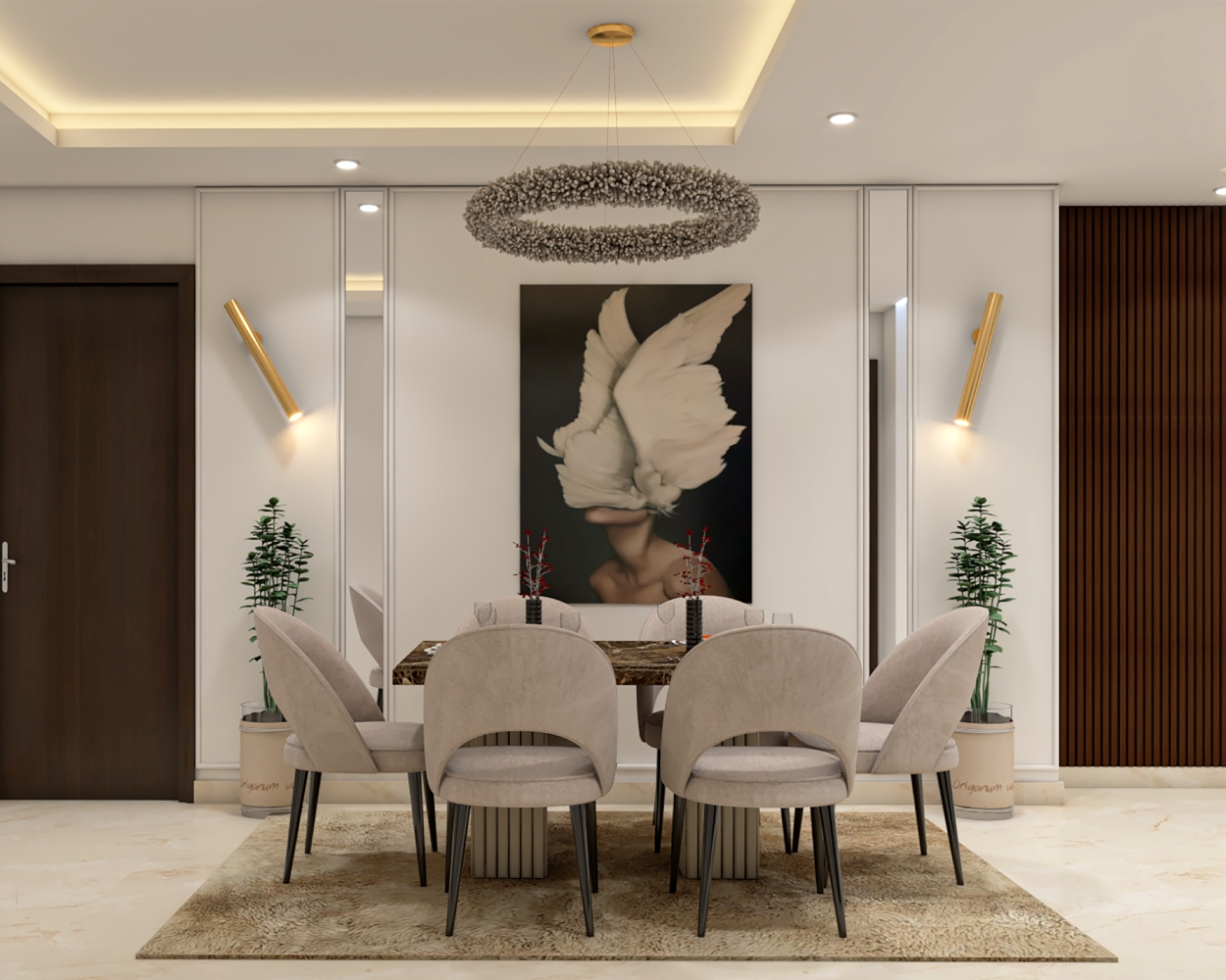 Dining Room Wall Design With Mirrored Panels And Art Work | Livspace