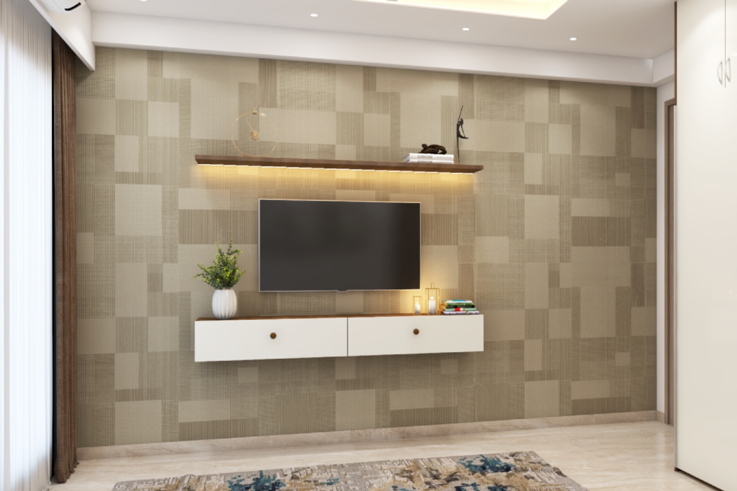 Beige-Brown Abstract TV Unit Wallpaper Design | Livspace