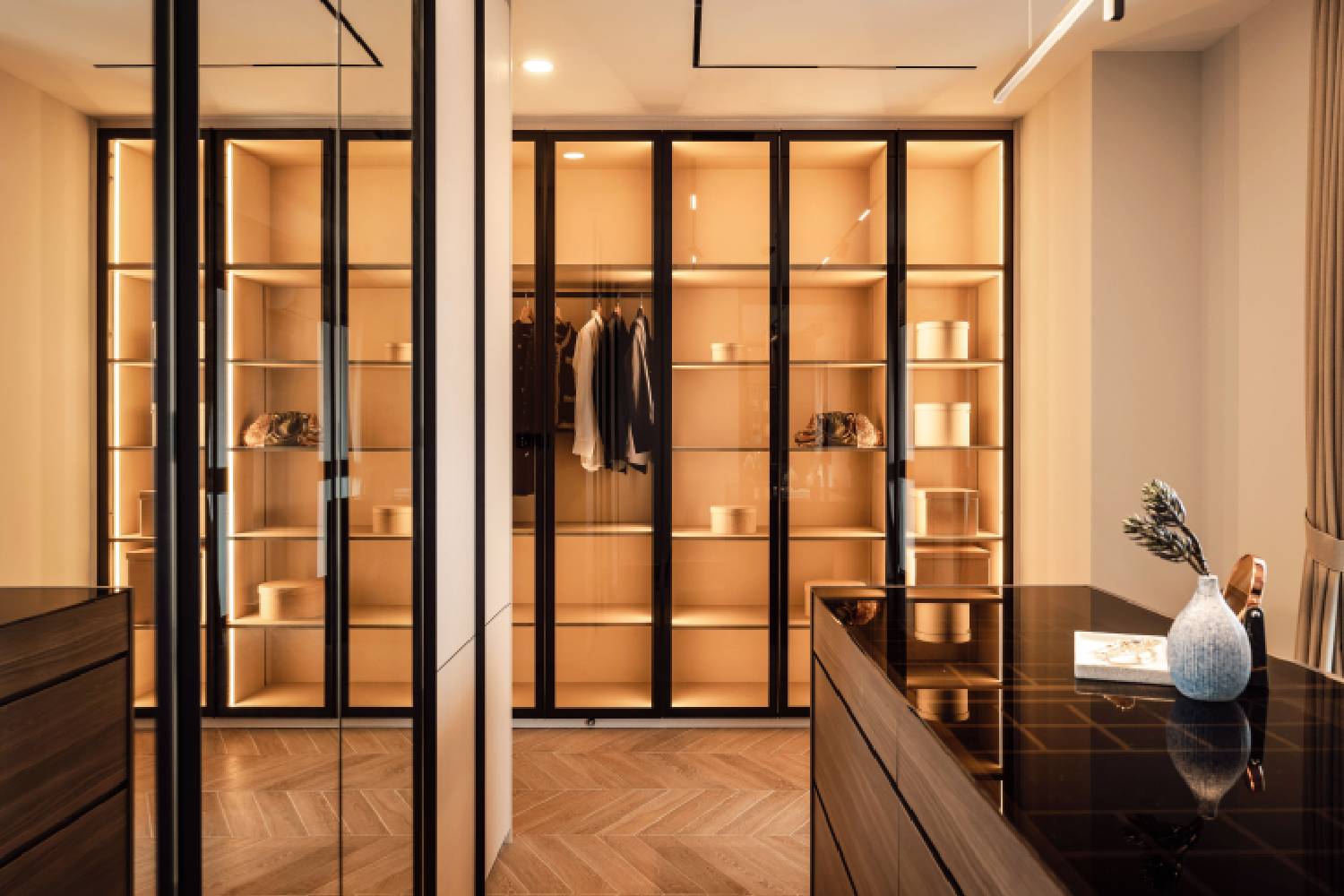 Contemporary 5-Door Transparent Swing Walk-In Wardrobe Design | Livspace