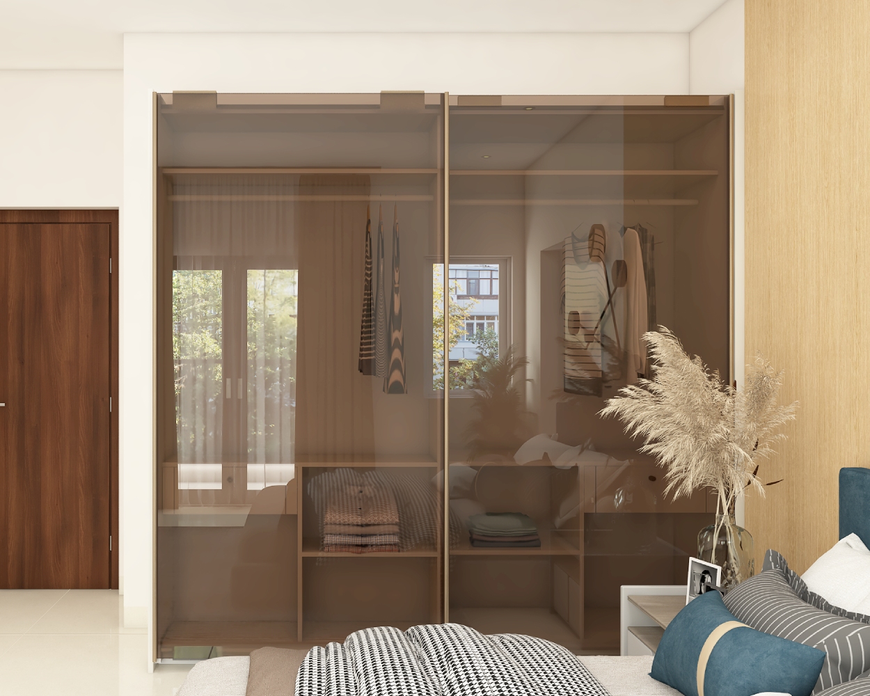 Transparent Glass Shutter 2-Door Sliding Wardrobe Design | Livspace