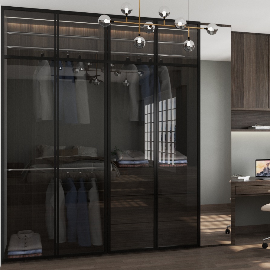 Space-Saving Modern Swing Wardrobe Design: 4-Door With Long Mirror ...