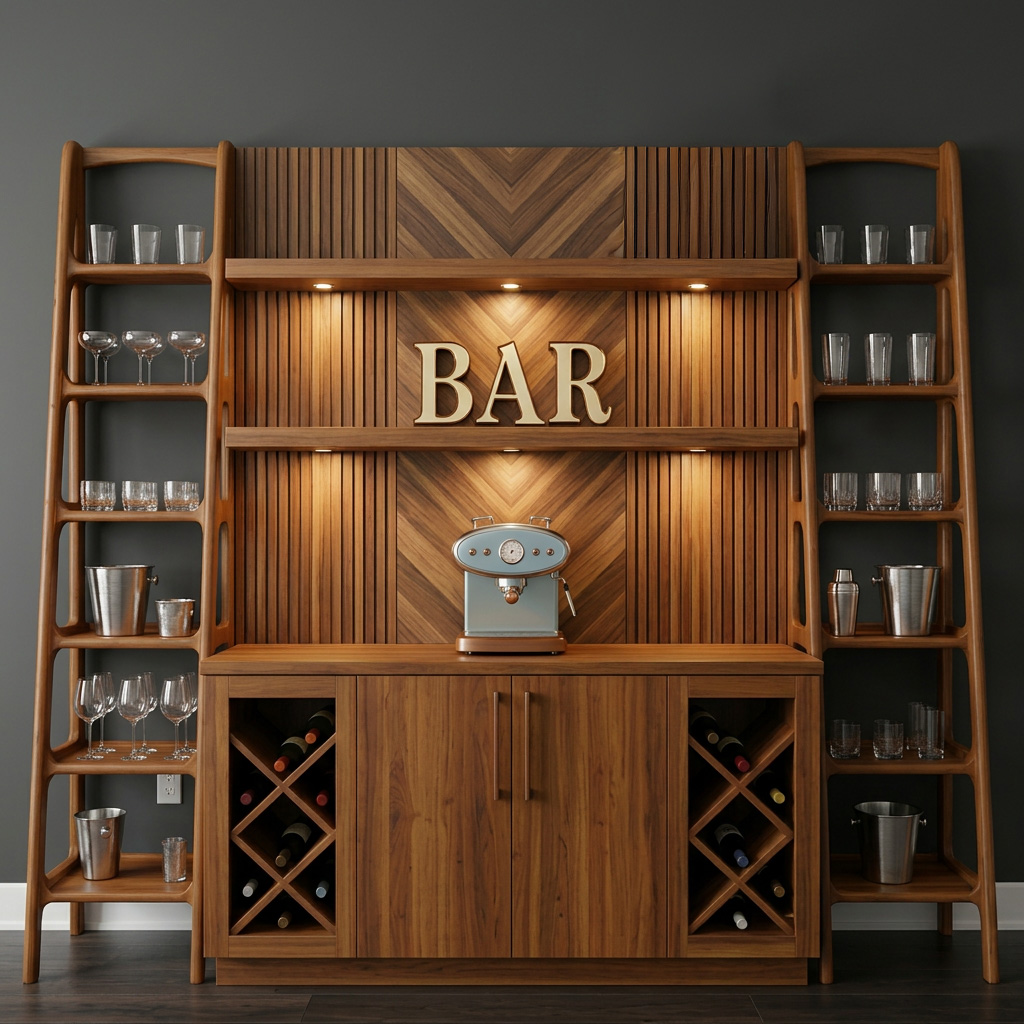 Rustic Wooden Home Bar Design with Matte Laminate Closed Storage ...