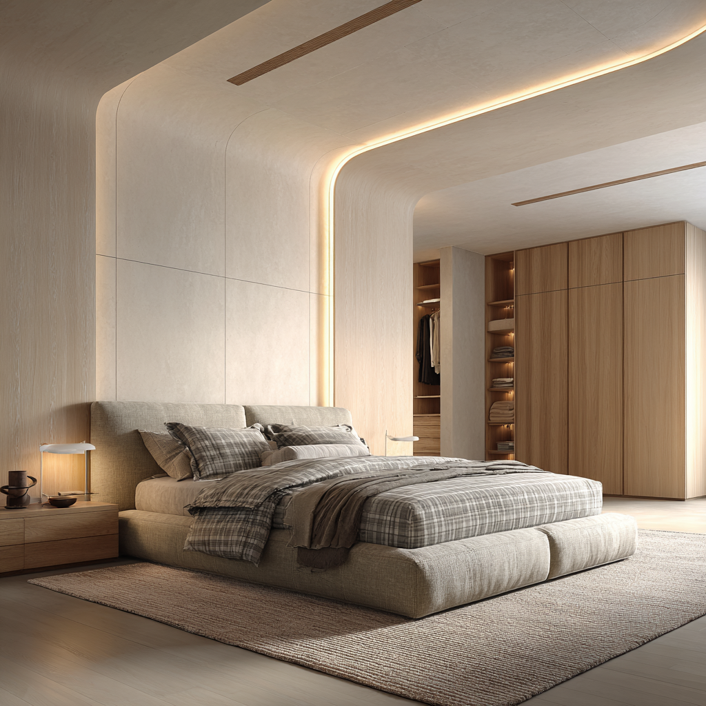 Modern Master Bedroom Design with Curved Architectural Wall and Linear ...