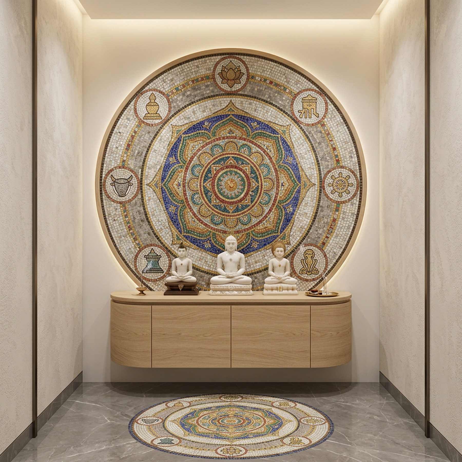 Contemporary Pooja Room Design with Mandala Art and Wooden Base | Livspace