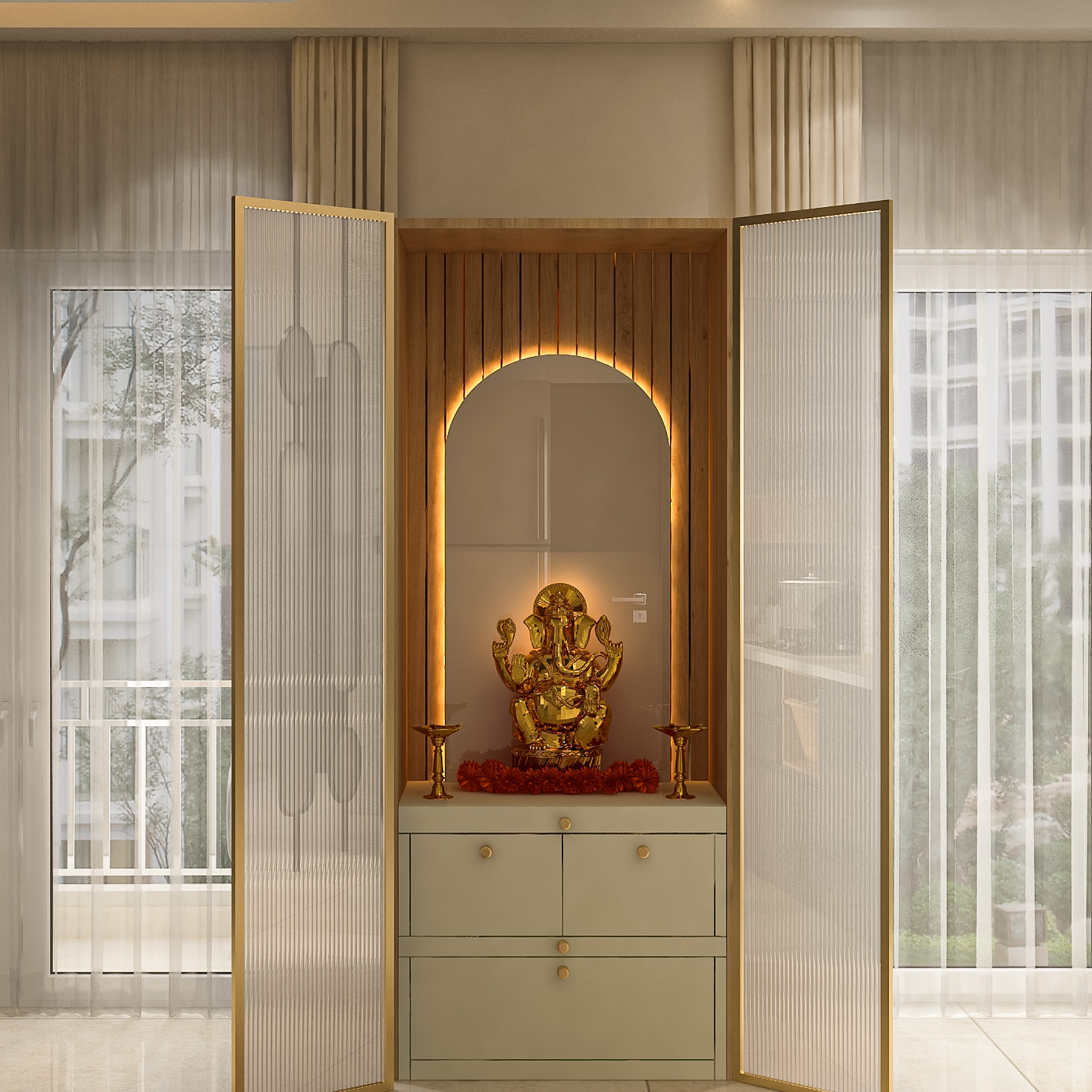 Modern Pooja Design with Fluted Gold Screens and Backlit Arched Niche ...