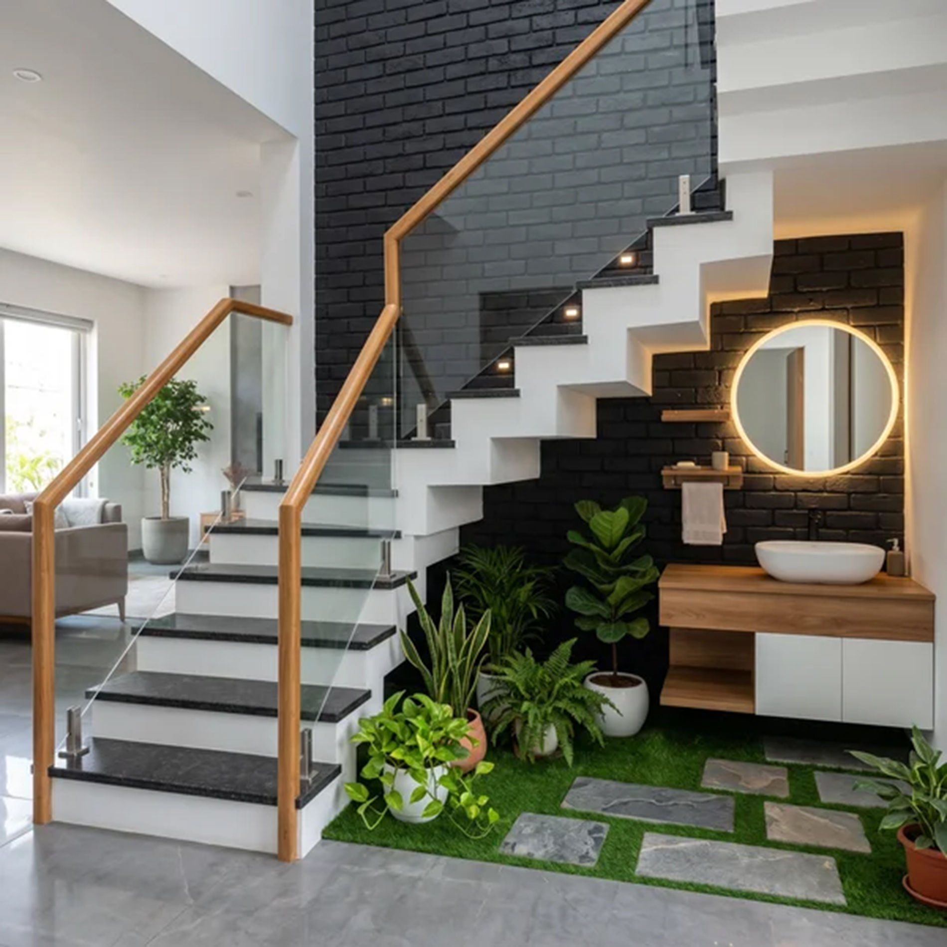 Industrial Staircase Design with L-Shaped Layout with Granite Tiles ...