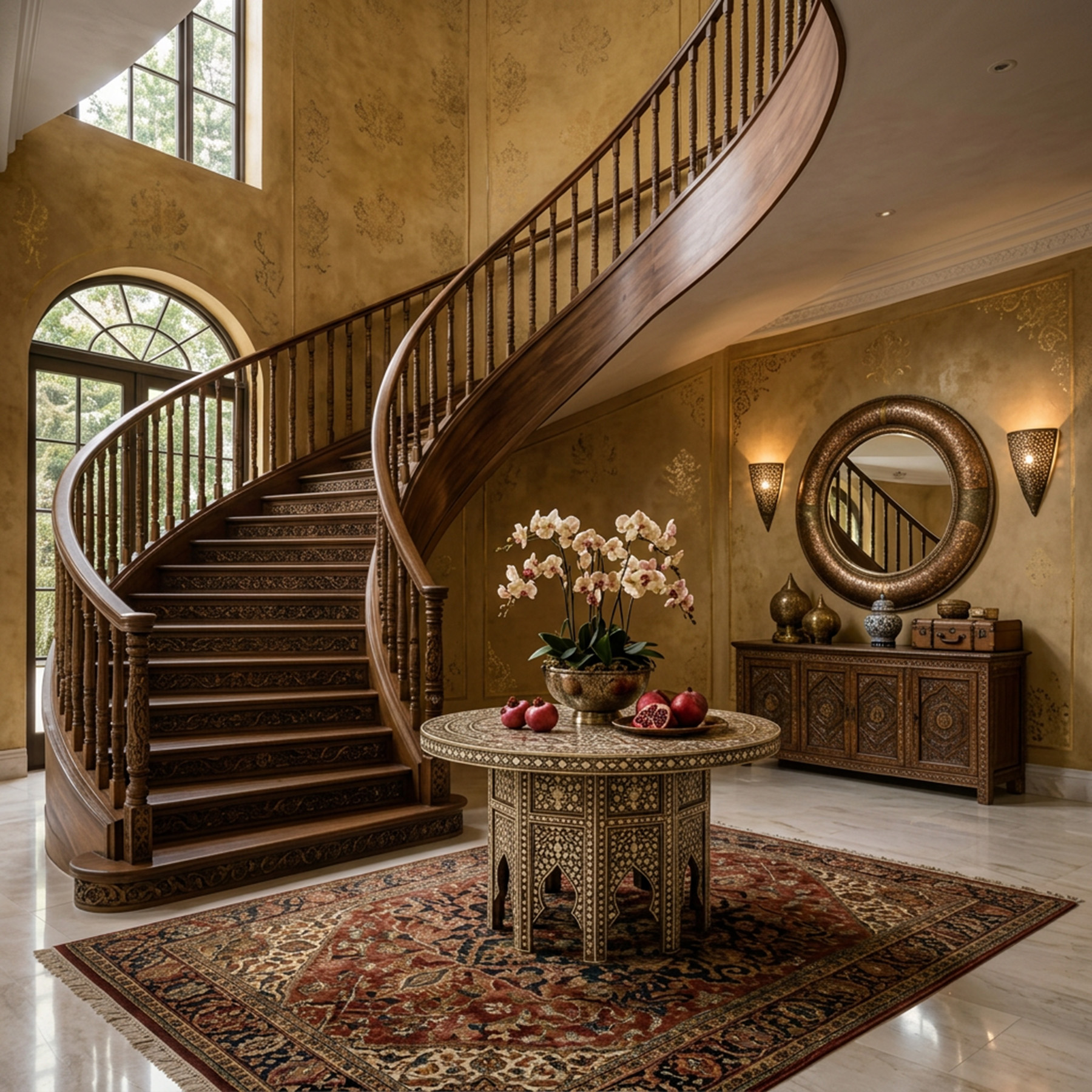 Traditional Staircase Design with Curved Solid Wooden Step Structure ...