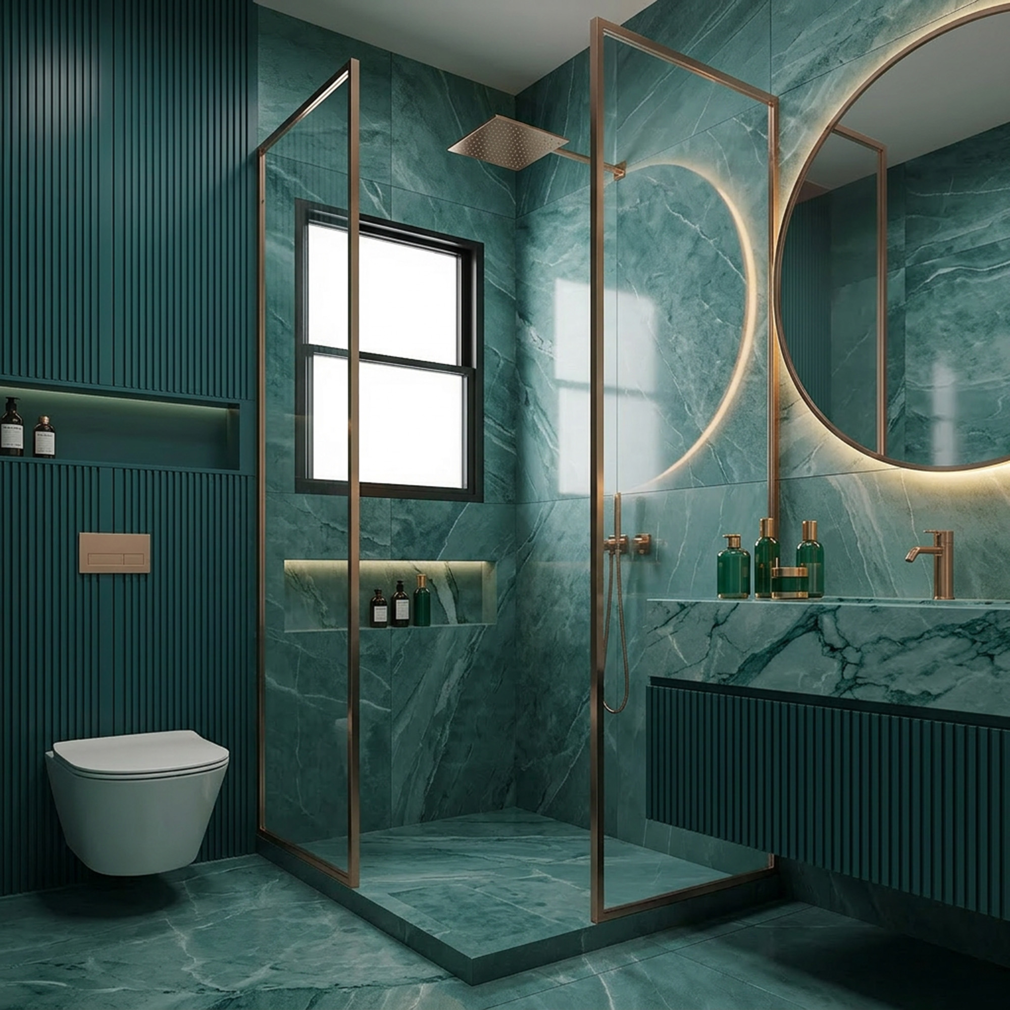 Bathroom Tile Design with Glossy Teal Veined Marble Pattern Finish ...