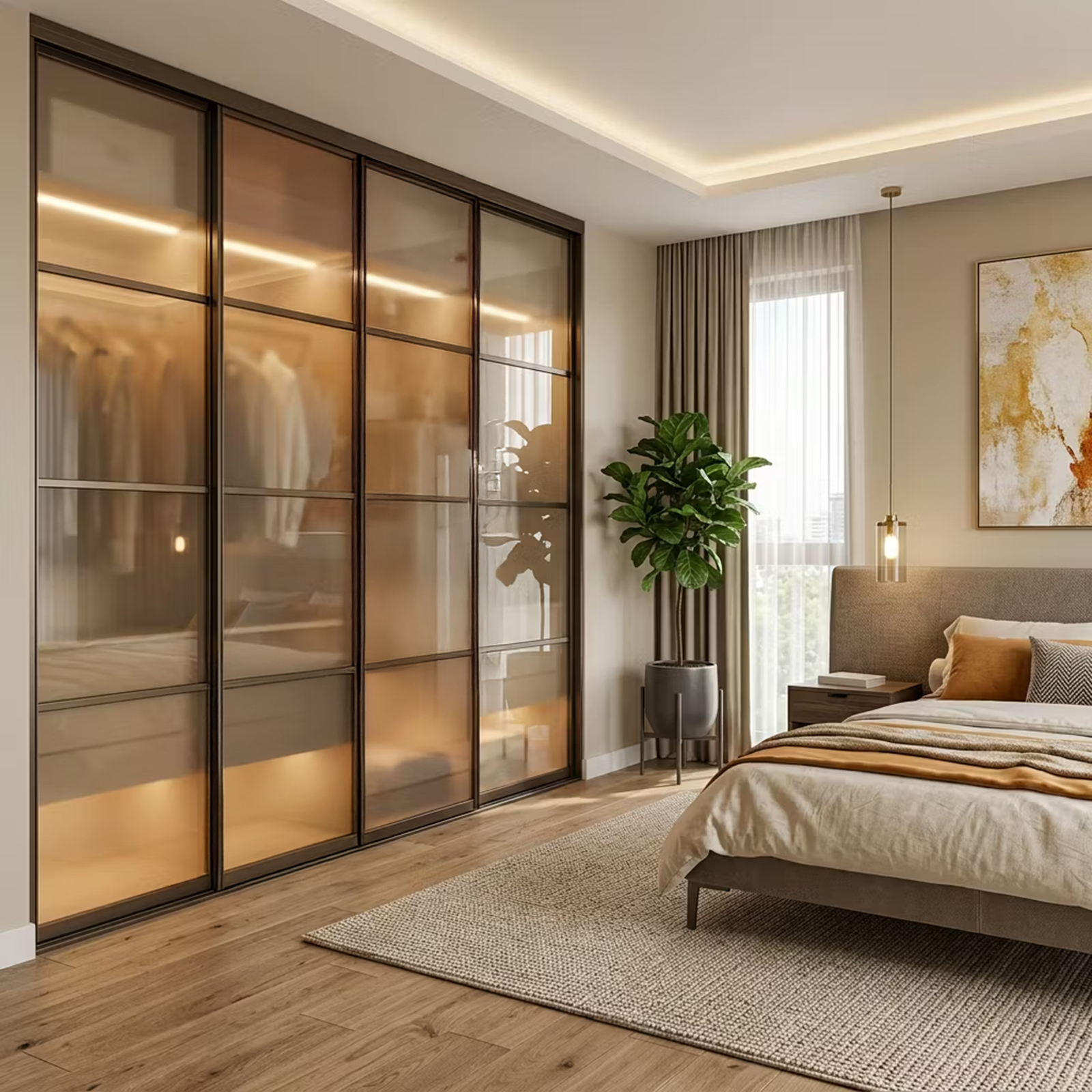 Contemporary 4-Door Wardrobe Design with Frosted Glass Sliding Doors ...