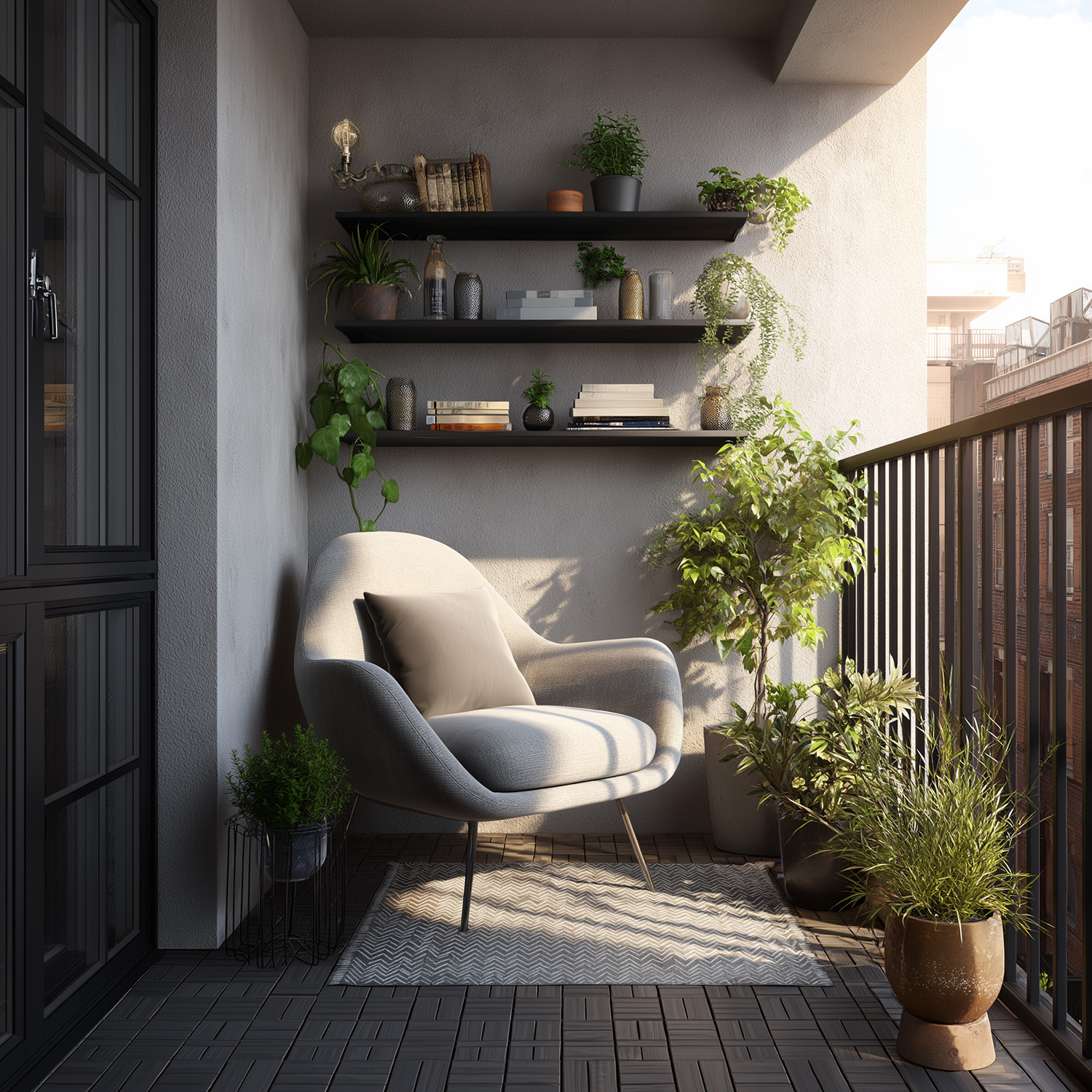 Contemporary Balcony Design with Reading Nook and Wall Display Shelves ...