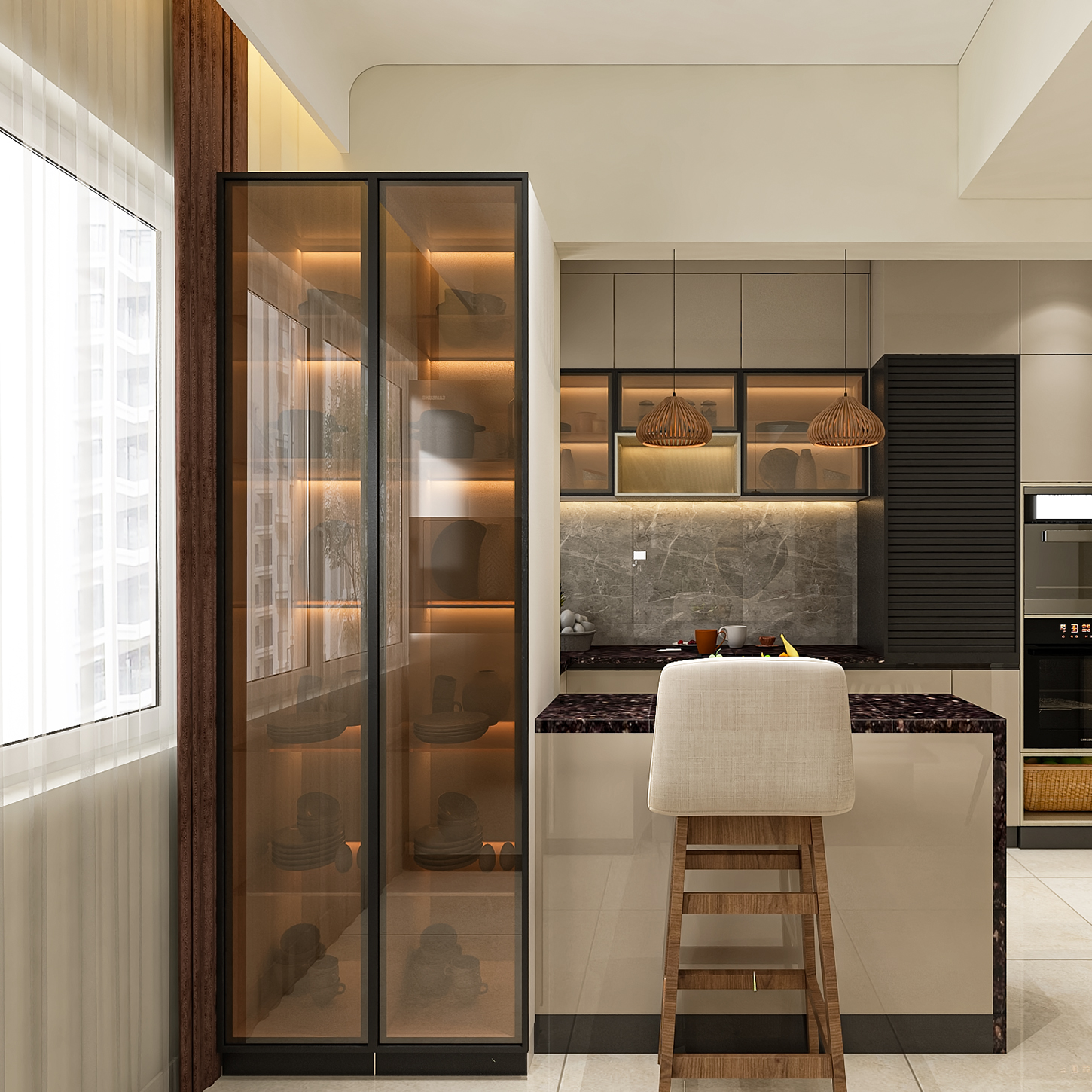 Contemporary Crockery Unit Design with Glass Front Display in Matte ...