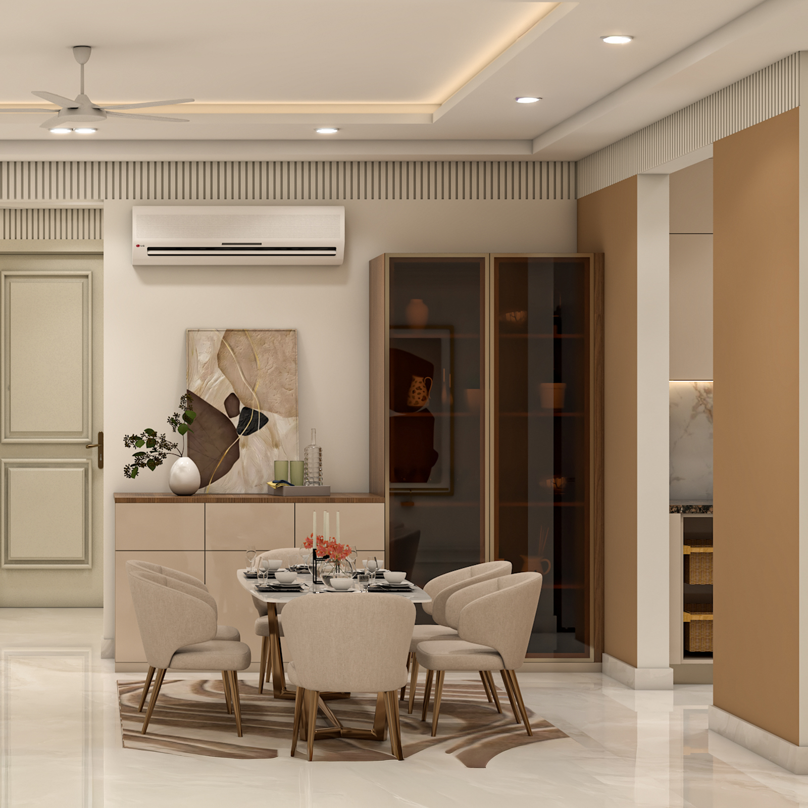 Contemporary Cream Crockery Unit Design with Glass Display and Storage ...