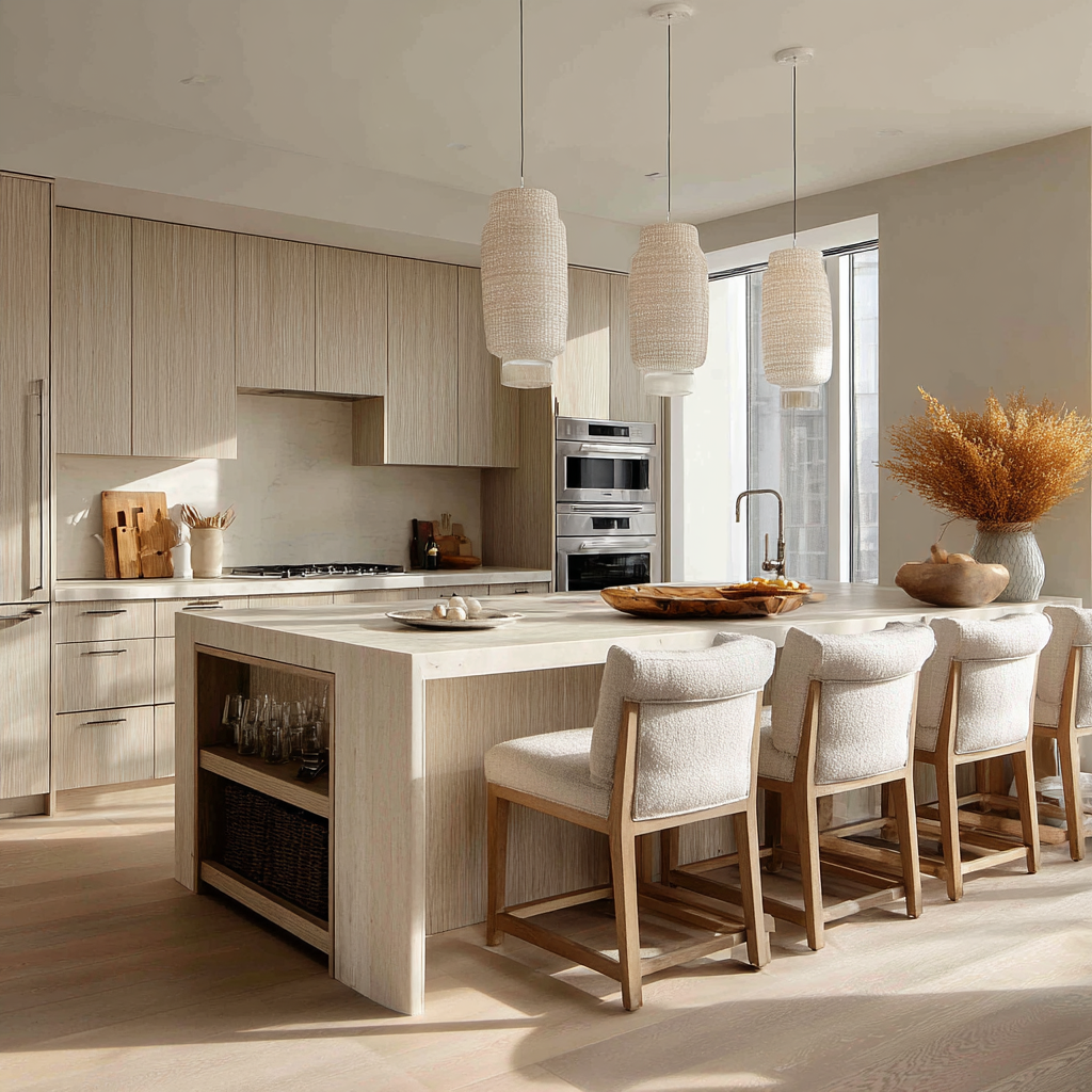 Walnut Modern Island Kitchen Design in Suede Finish and Quartz ...