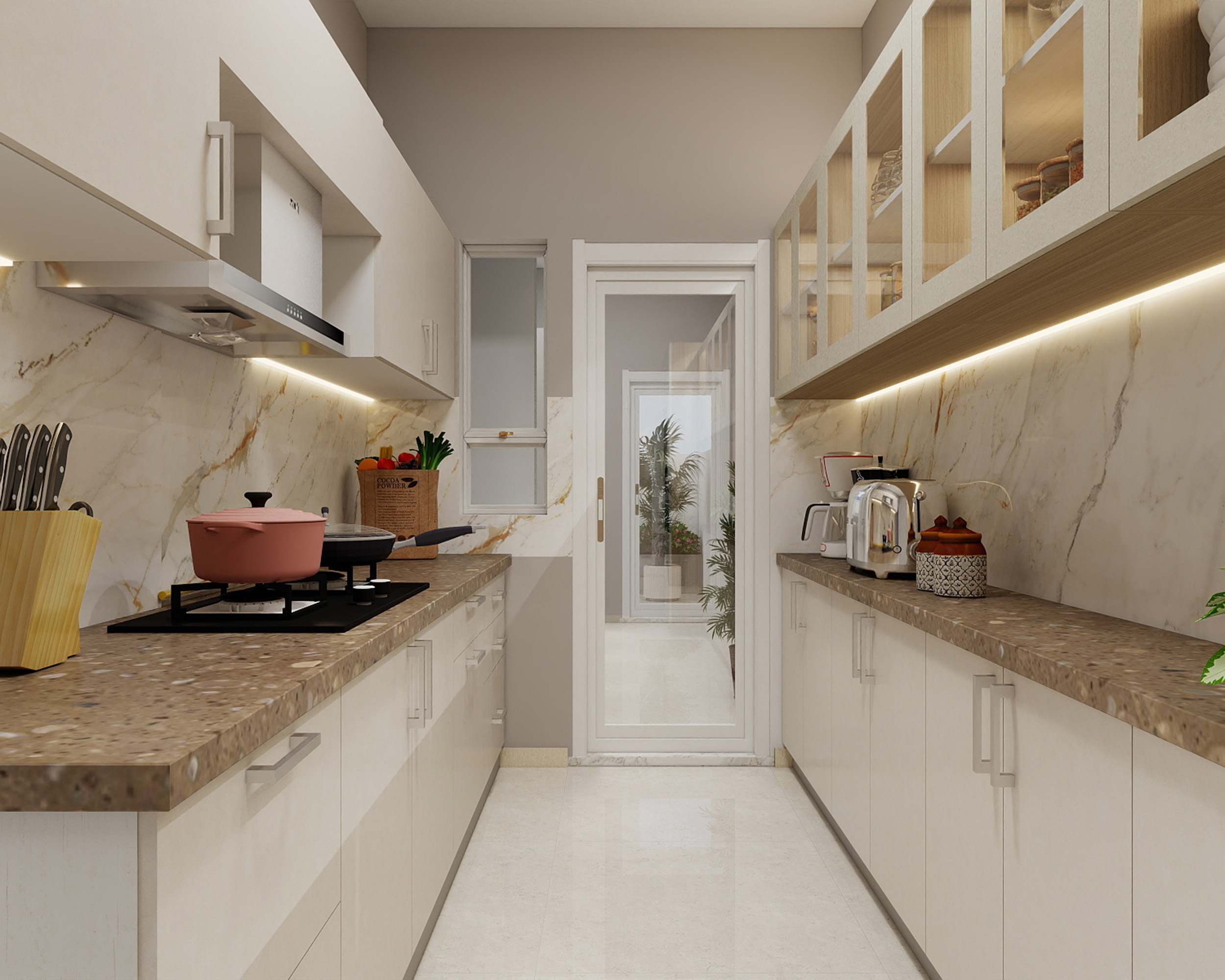 White and Acacia Modern Parallel Kitchen Design with Terrazzo ...