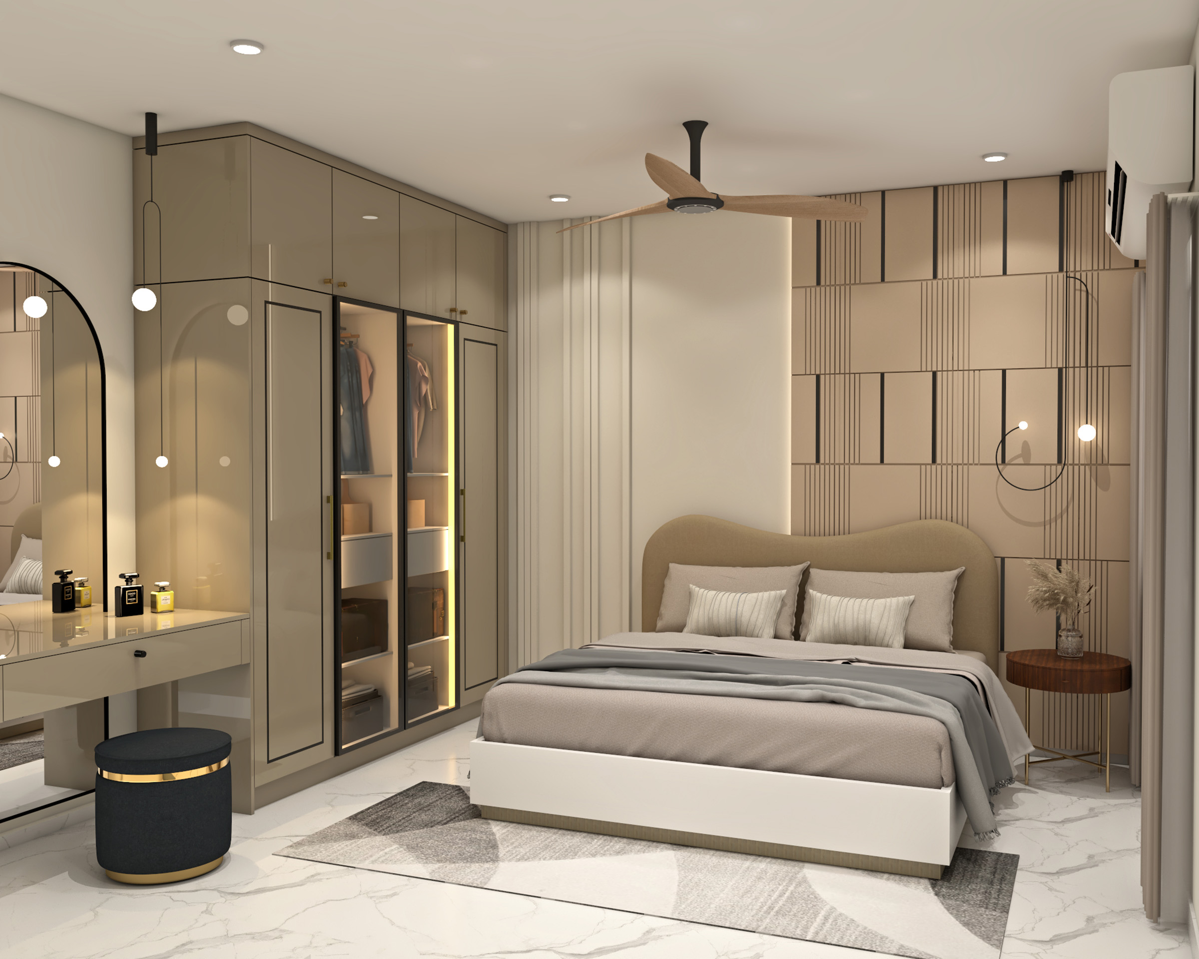 Modern Master Bedroom Design with Glass Wardrobe and Curved Headboard ...
