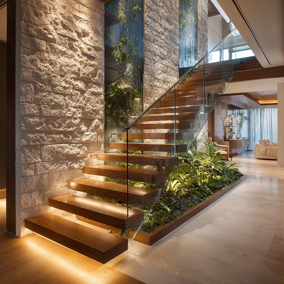 L-Shaped Modern Staircase Design with Wood and Glass | Livspace