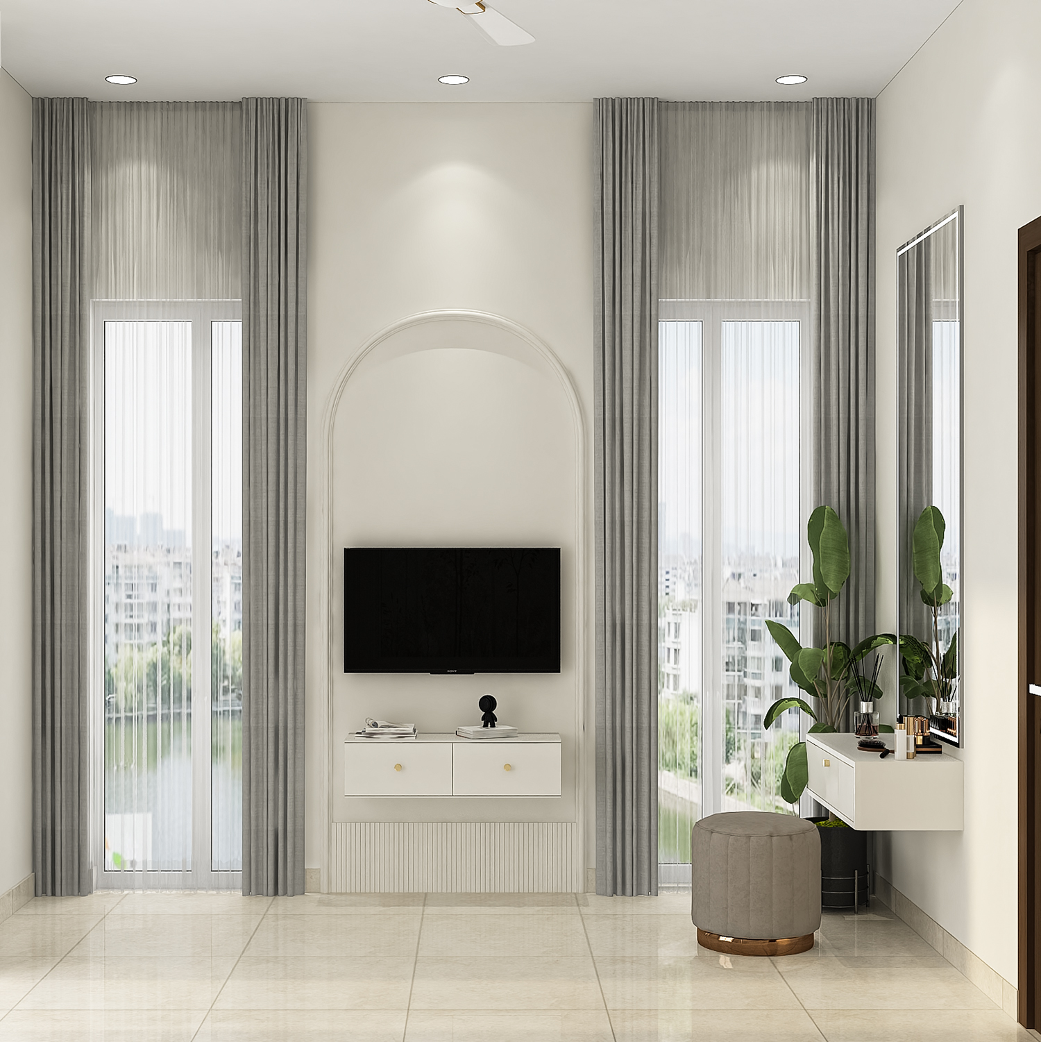Modern White Master Bedroom TV Unit Design with Floating Console | Livspace