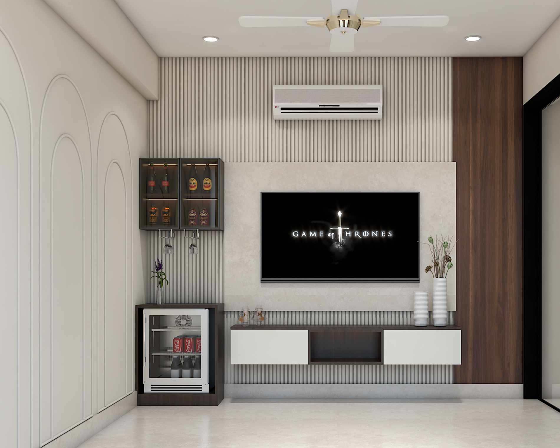 White and Teak Contemporary Living Room TV Unit Design with Built-In ...