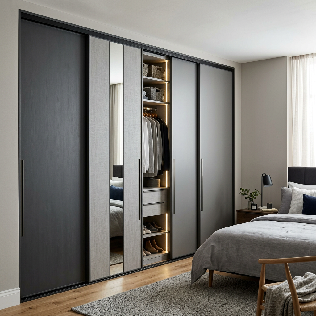 3-Door Modern Sliding Wardrobe Design with Light and Dark Grey Finish ...