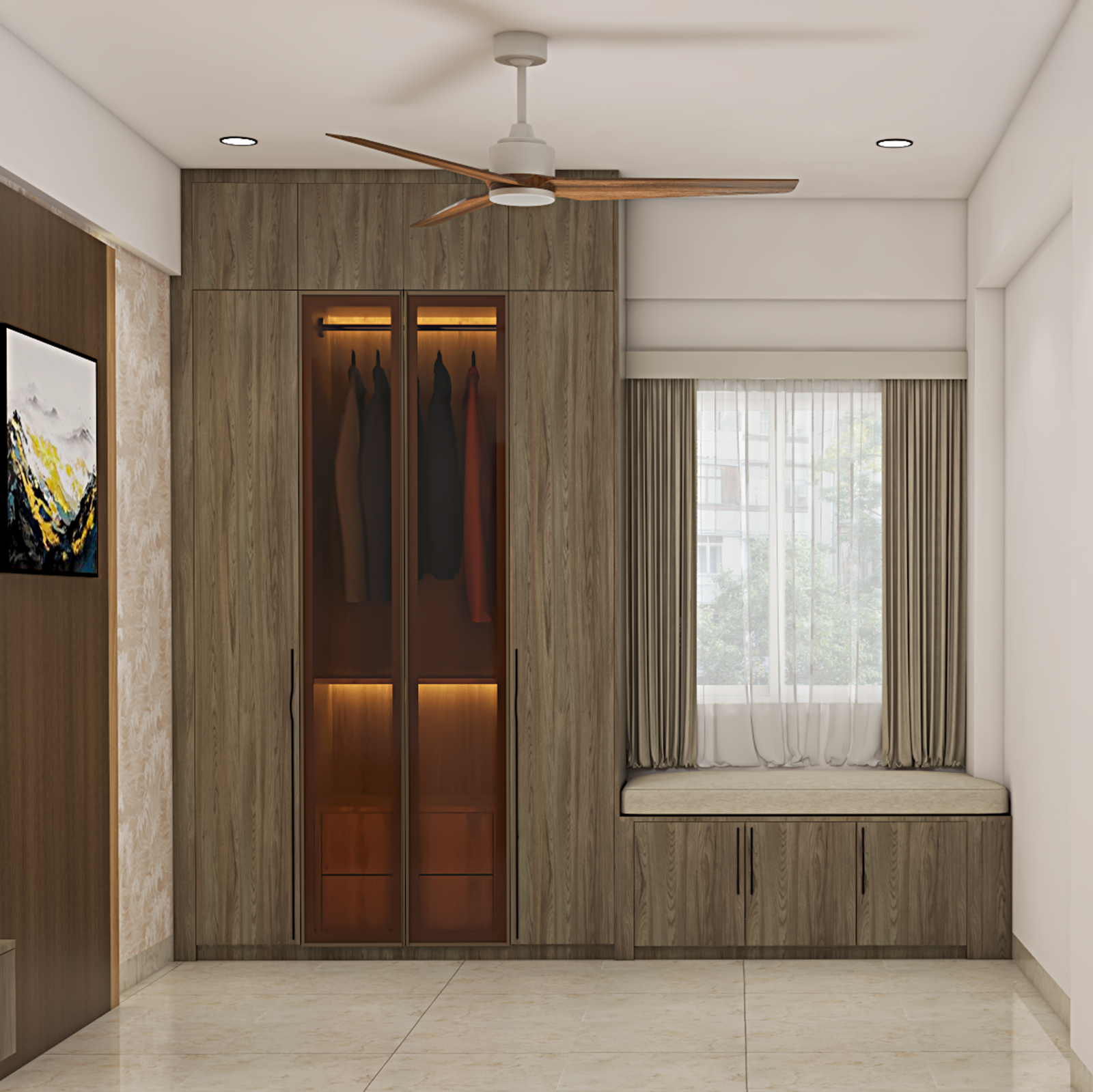 Modern 4-Door Wardrobe Design with Seating and Illuminated Display ...