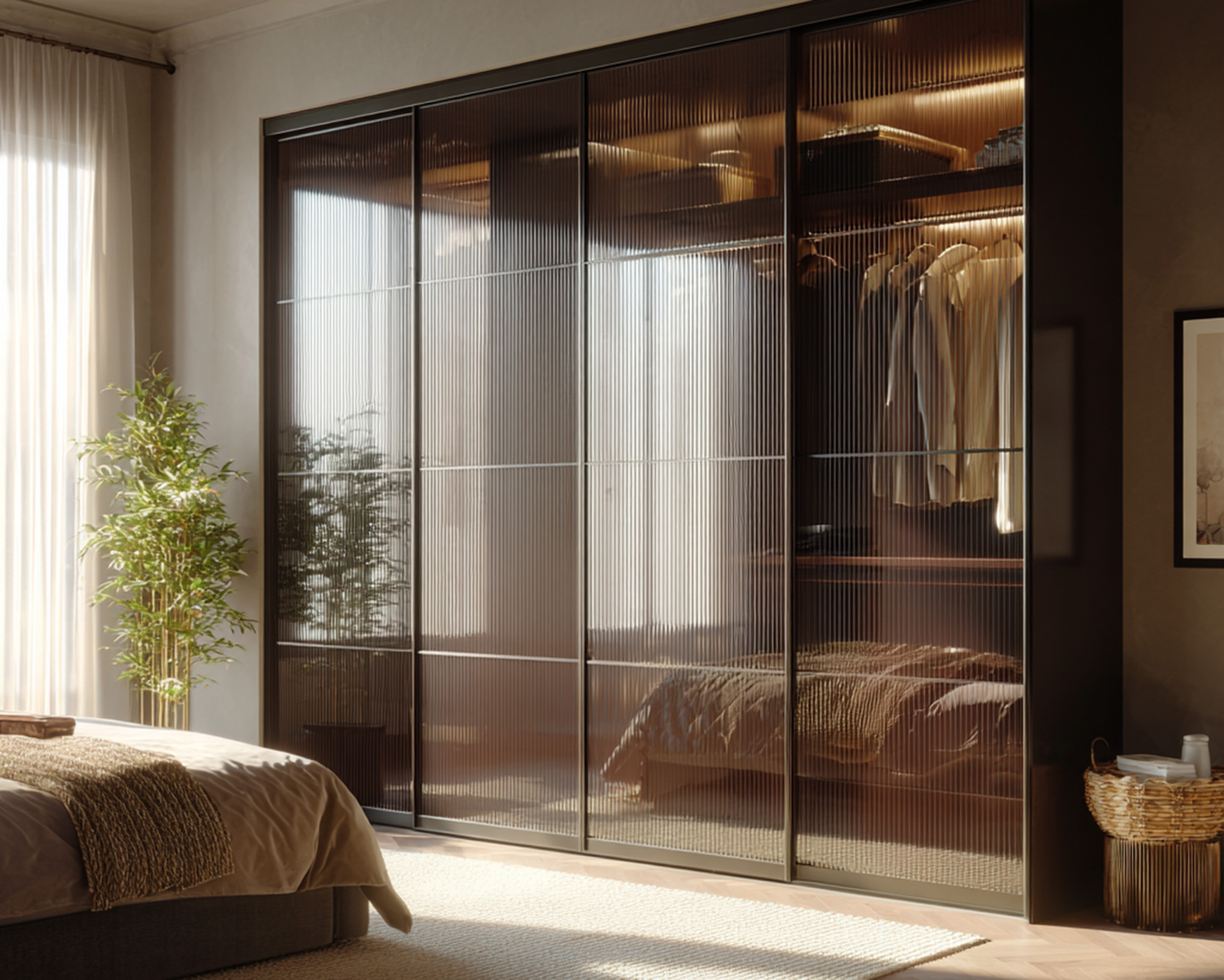 Contemporary Bronze 4-Door Sliding Wardrobe Design with Fluted Glass ...