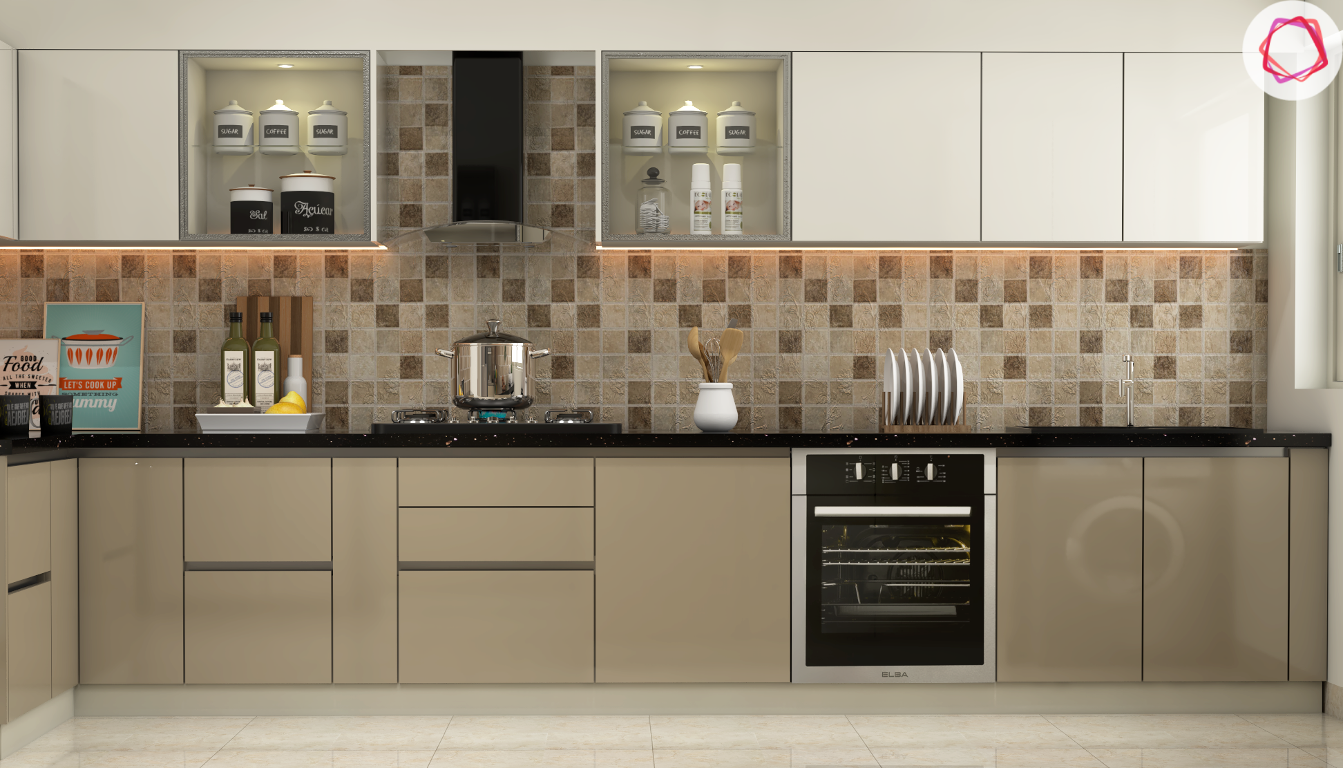 Premium Kitchen Design with Pixellated Dado and Handleless Look | Livspace