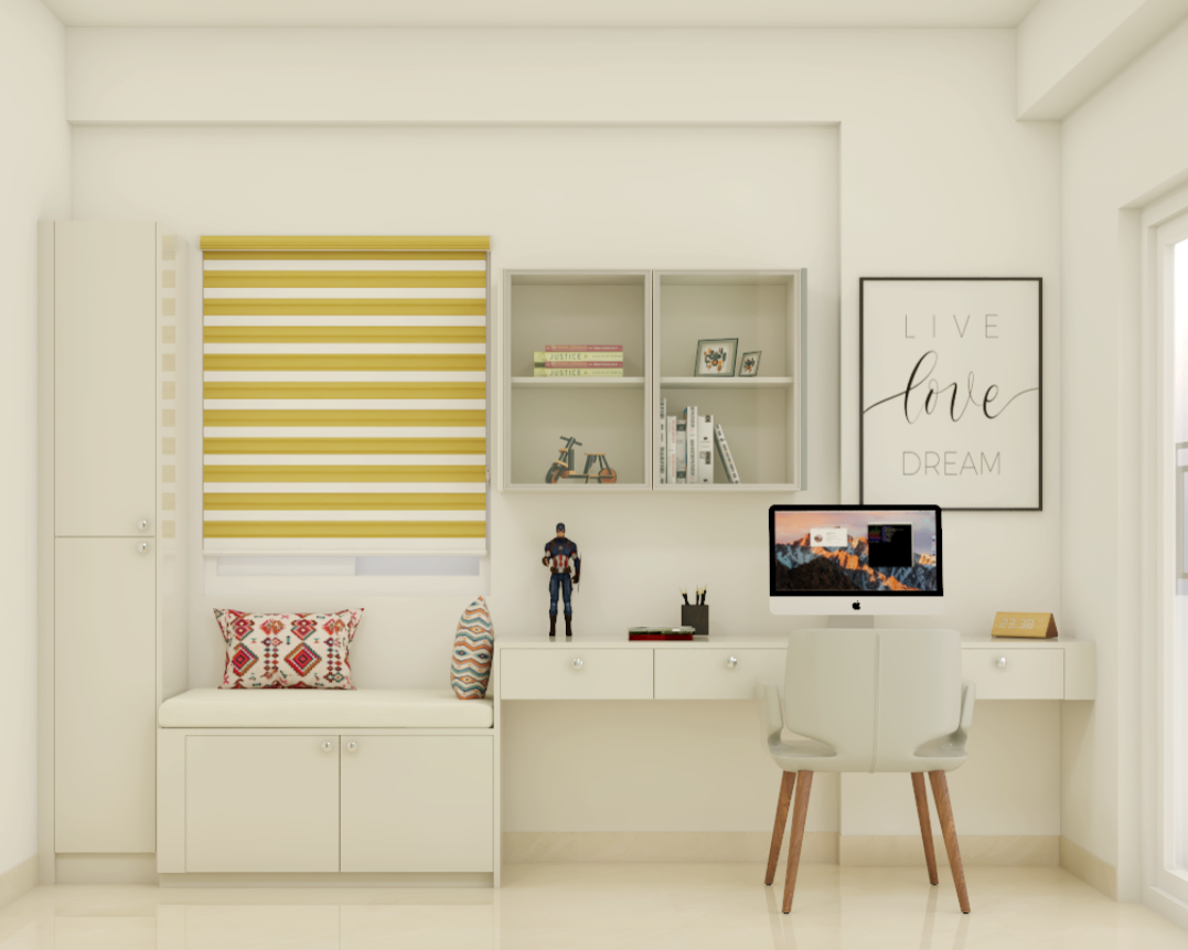 Minimal Spacious Home Office Interior Design with Bench | Livspace