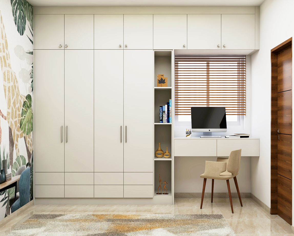 Contemporary Hinged Wardrobe Design with Small Study | Livspace