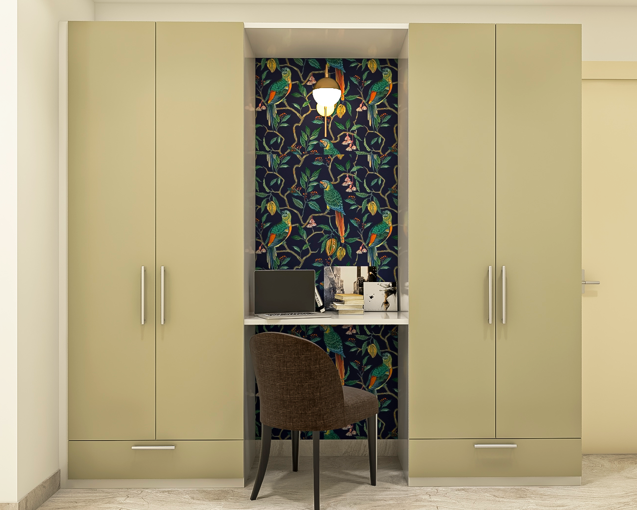 Contemporary Wardrobe with Bright Wallpaper and Study | Livspace