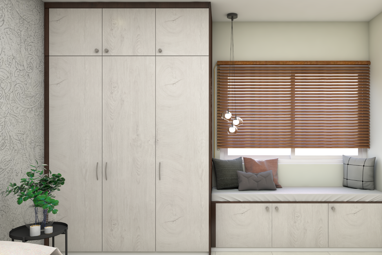 Simple and Elegant Wardrobe with Window Seating Area | Livspace