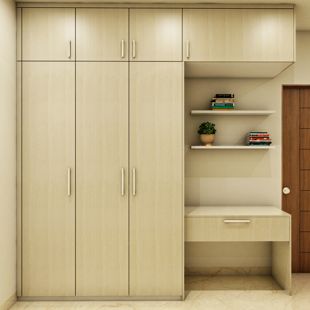 Cream Coloured Wardrobe and Study with Open Racks | Livspace