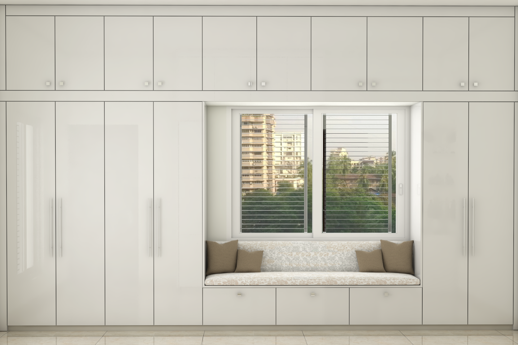 Spacious Modern Wardrobe with Niche Cushion Seating Area | Livspace