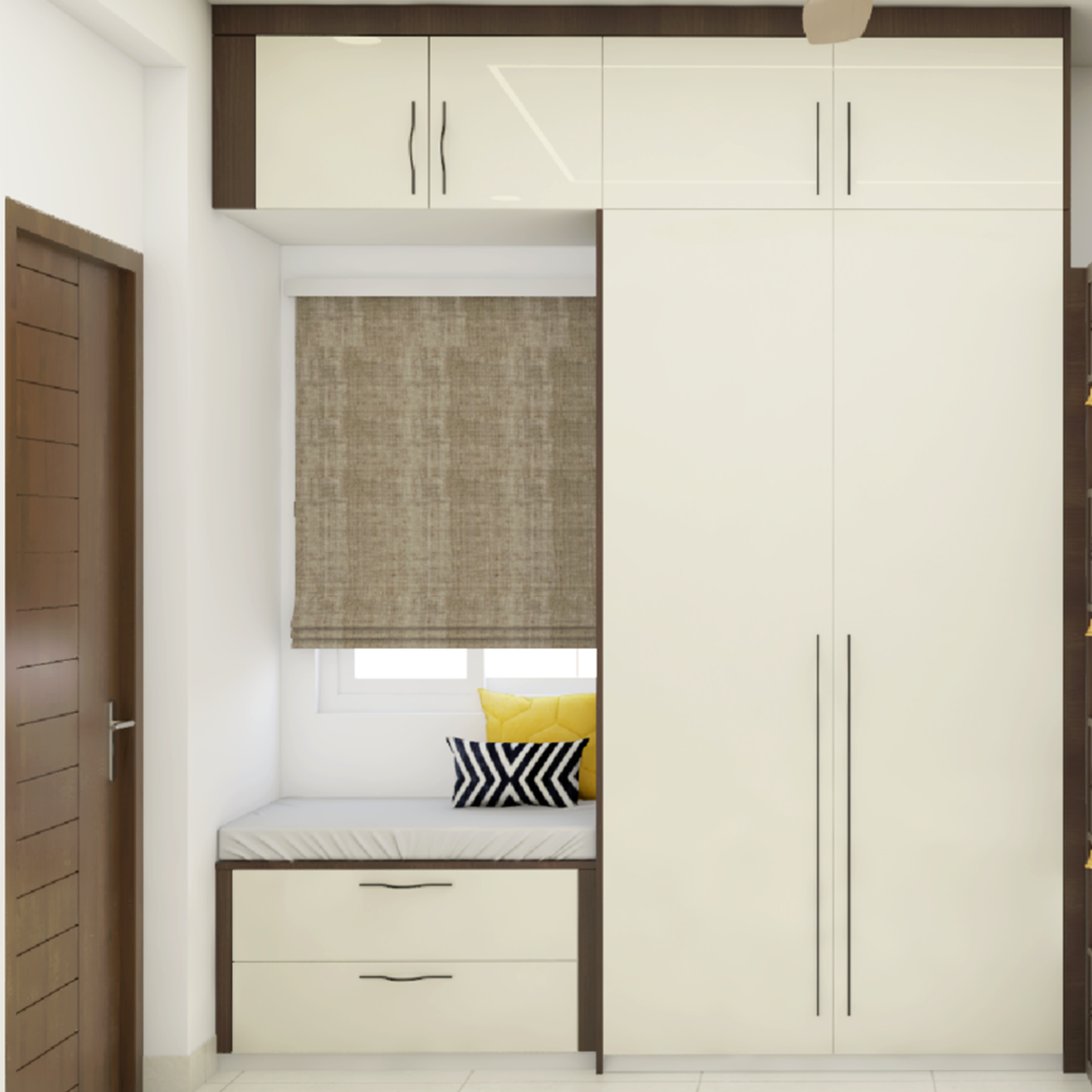 Modern Hinged Wardrobe with Fabric Seating and Lofts | Livspace