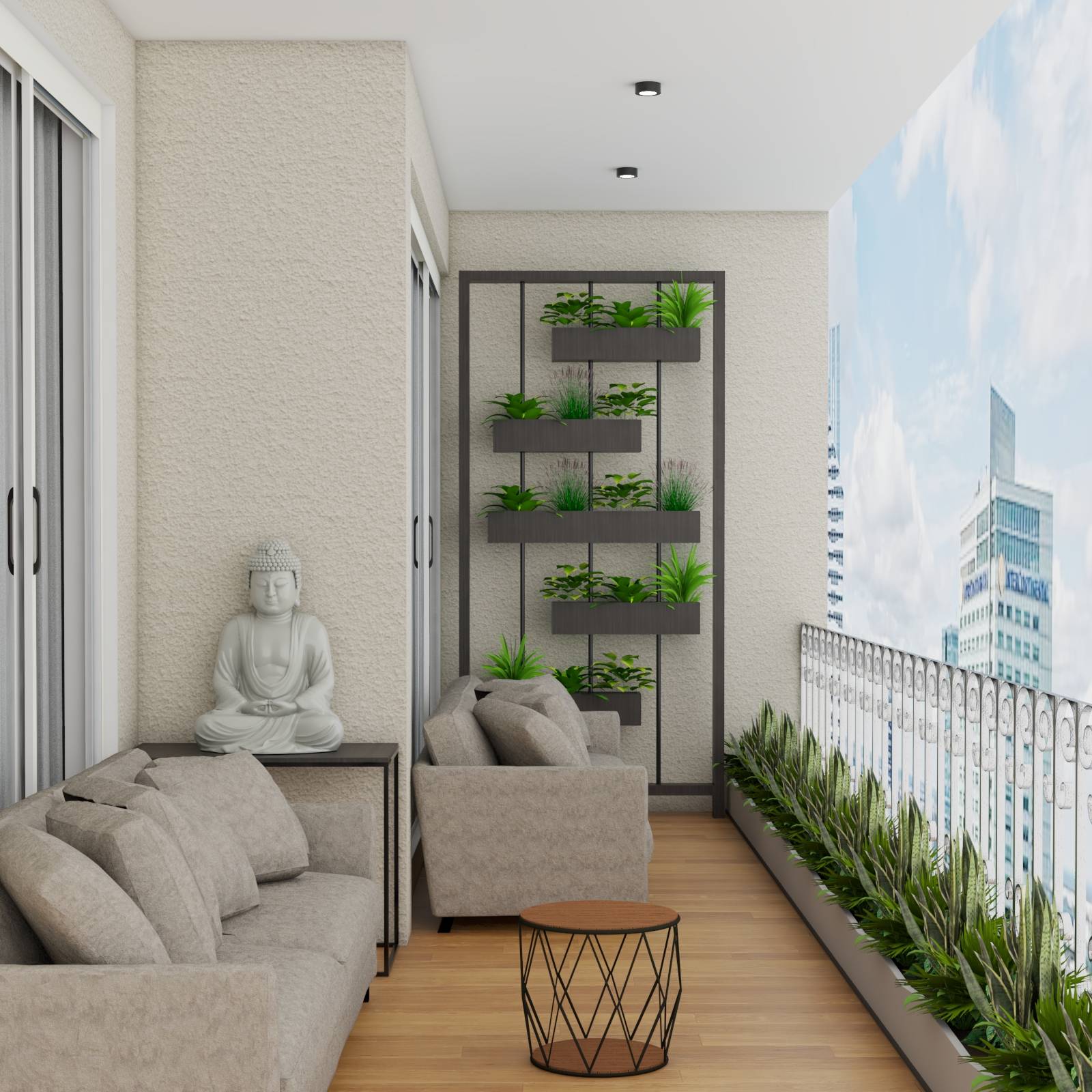 Modern Compact Balcony Design With Planter and Sofas | Livspace