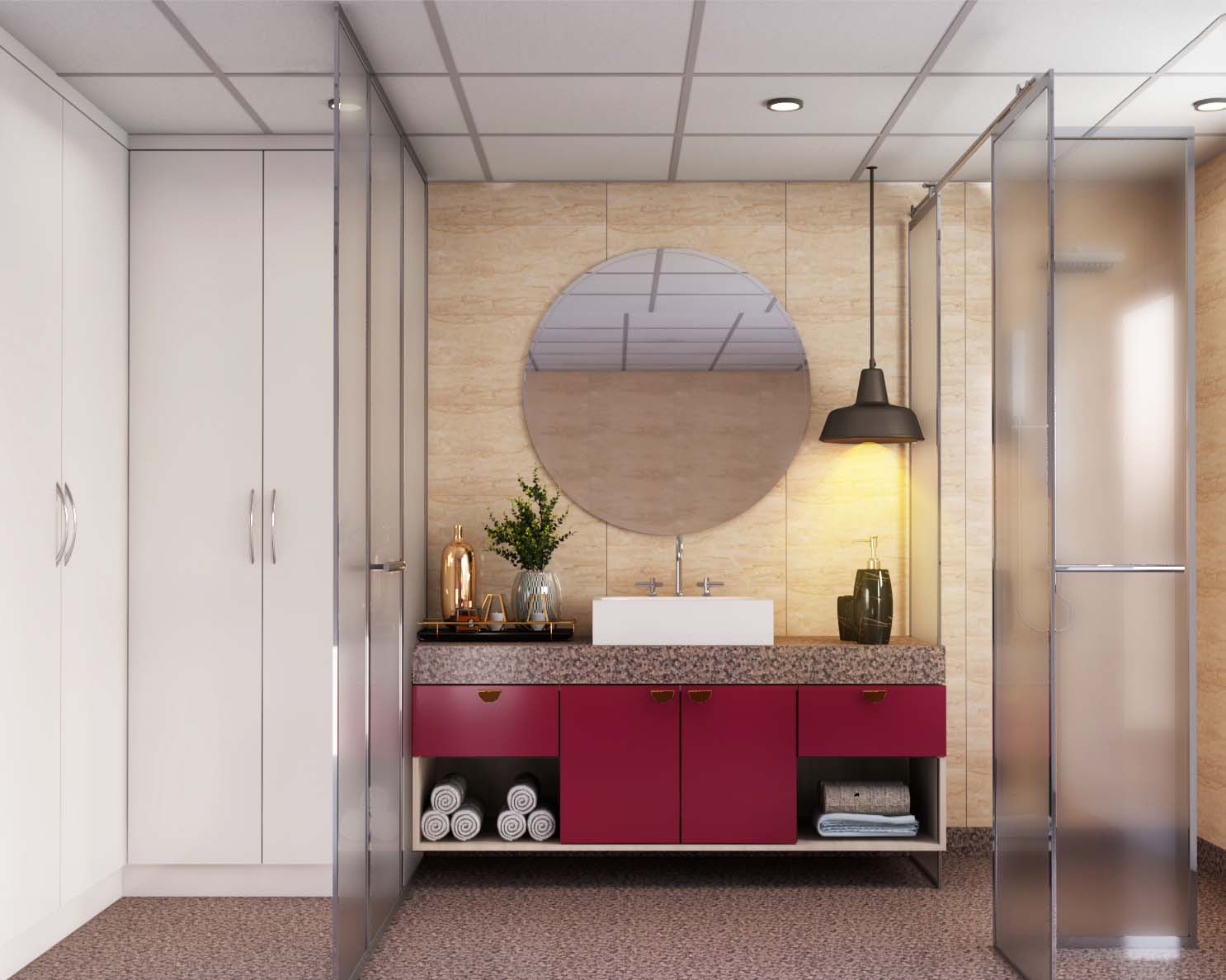 Light-Coloured Washroom Design With Glass Partitions | Livspace