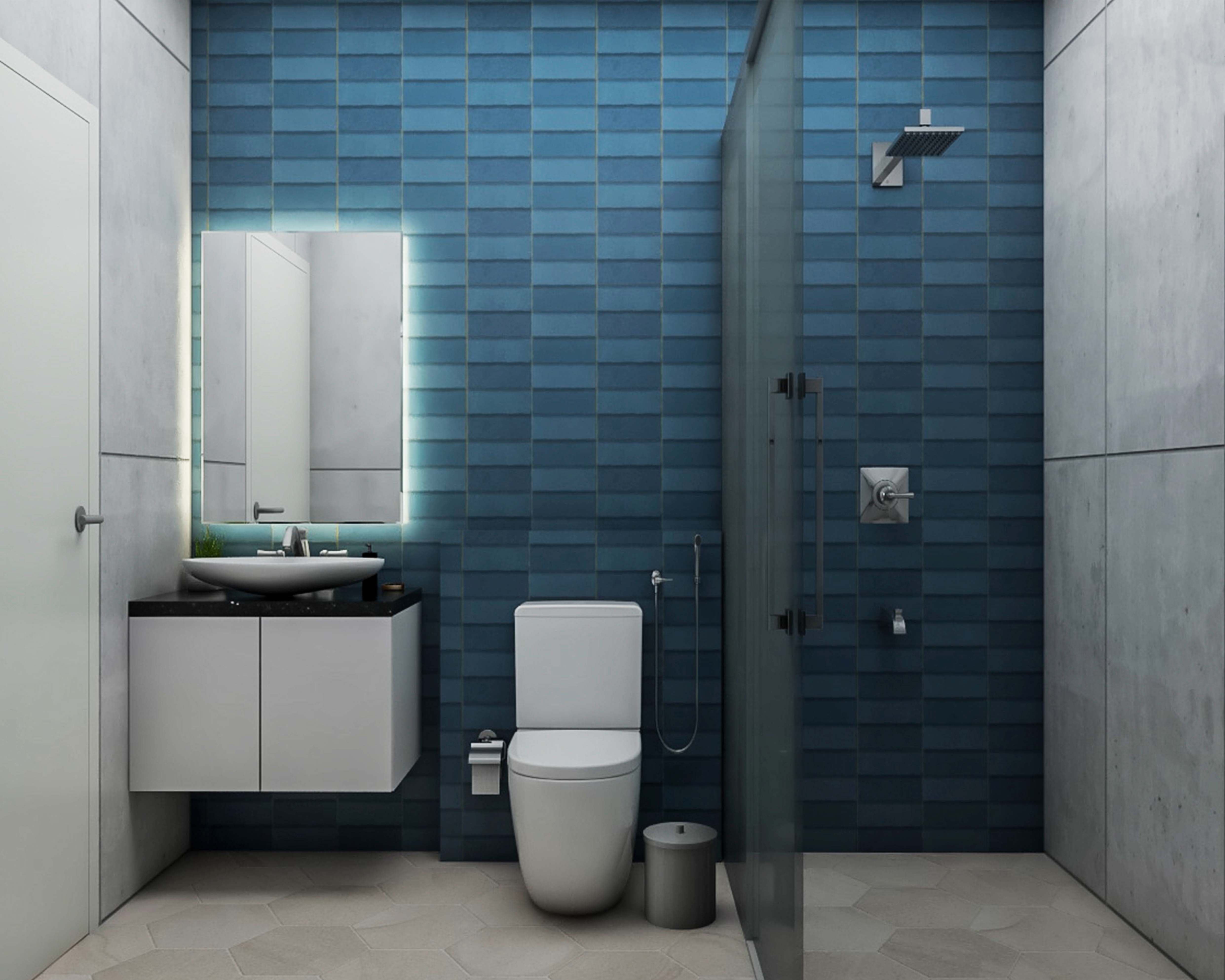 Contemporary Small Bathroom Design With Grey And Blue Tiles | Livspace
