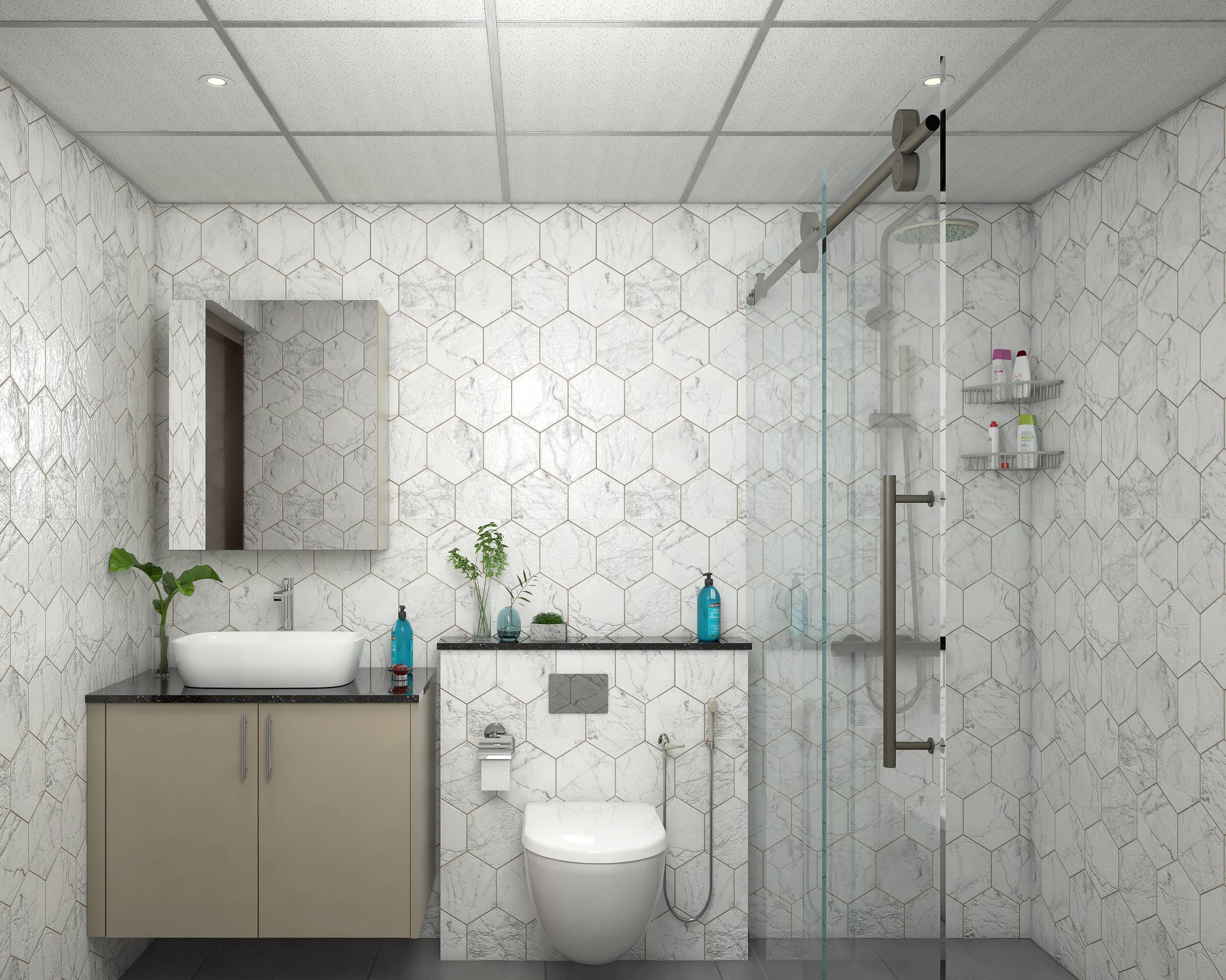 Spacious Bathroom Design With Honeycomb-Patterned Tiles | Livspace