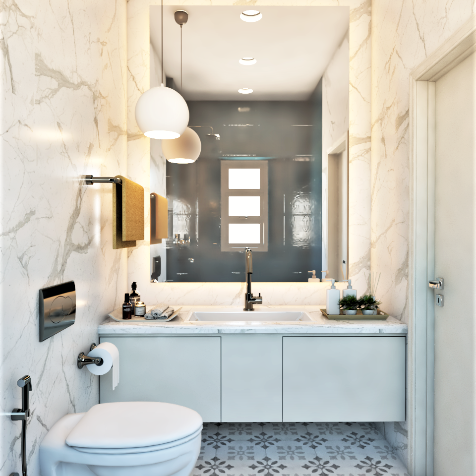 Spacious Bathroom Design With Patterned Floor Tiles | Livspace