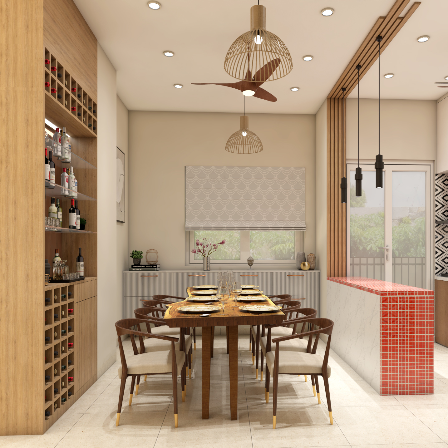 Spacious Dining Room Design With Open Shelved Bar Counter | Livspace