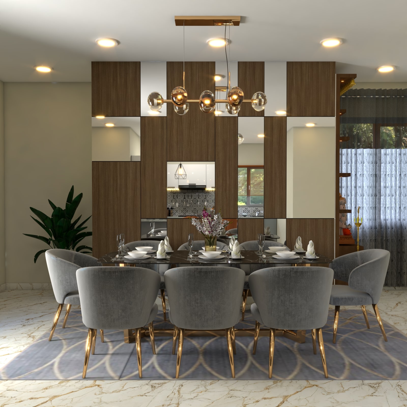 Contemporary Spacious Dining Room With Mirror And Wooden Accent Wall ...
