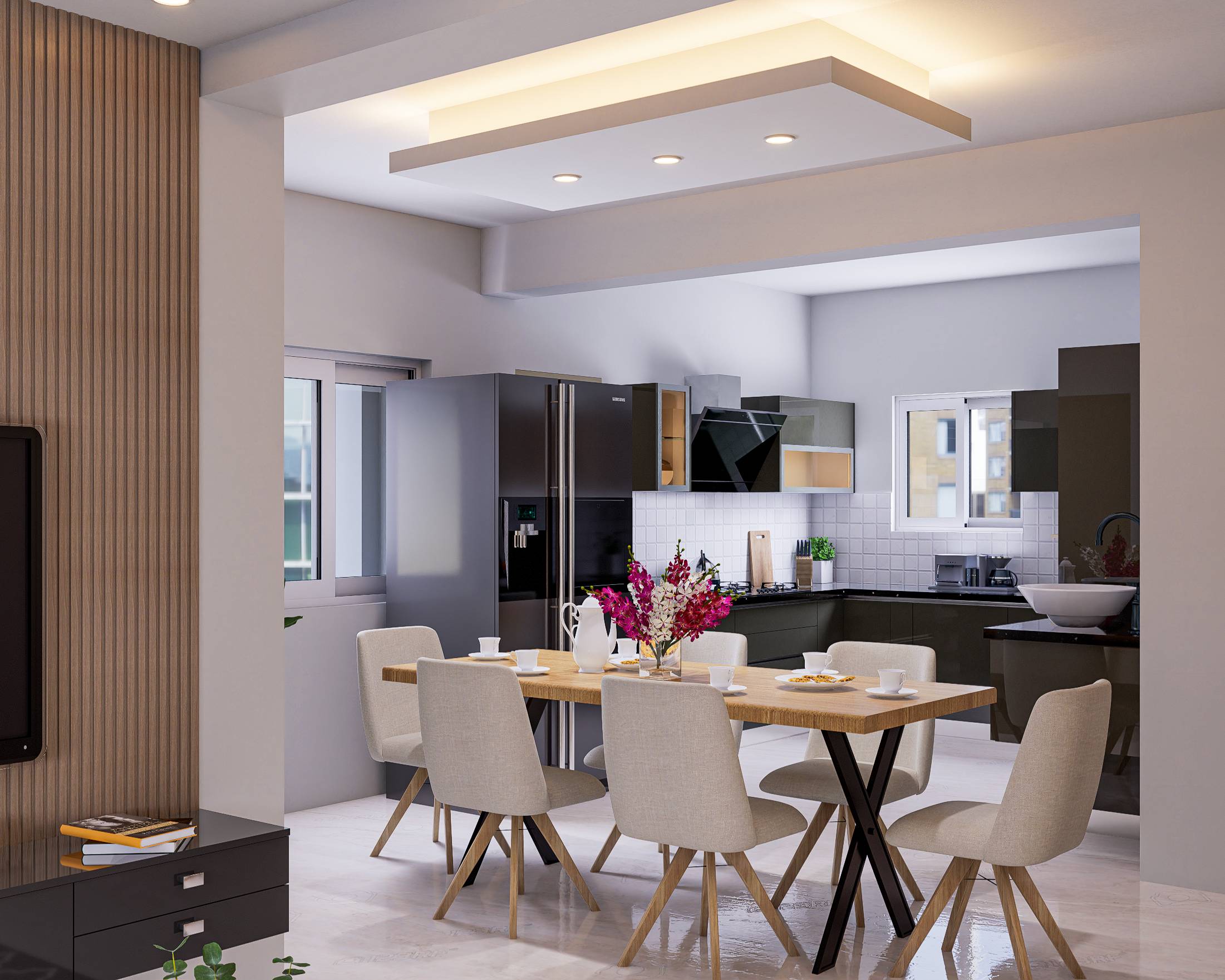 Spacious Dining Room Design With Wooden Dining Table | Livspace