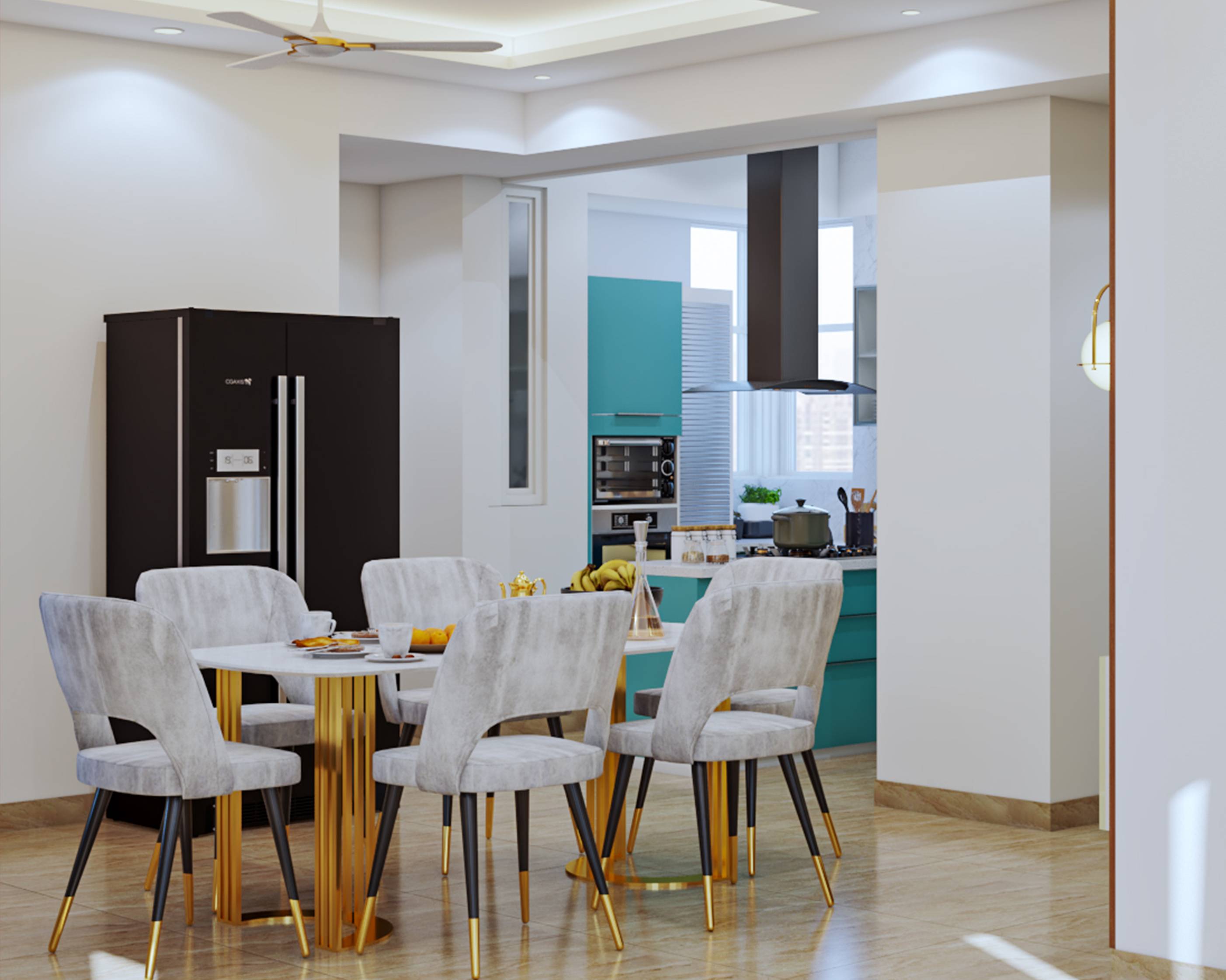 Contemporary Style Dining Room Design With White Table Top | Livspace