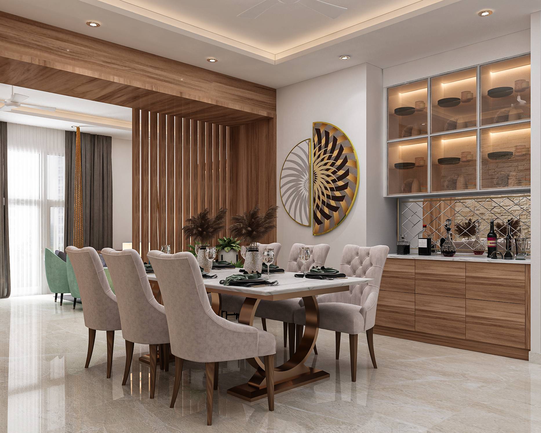 Classic Marble Themed Dining Room Design With Crockery Set | Livspace