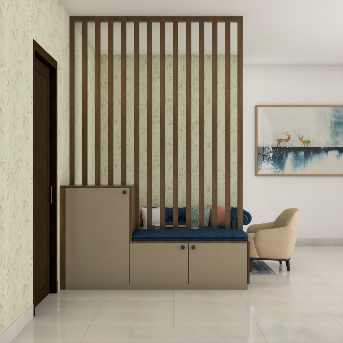 Modern Foyer Design with Wooden Panels and Blue Tufted Seater | Livspace