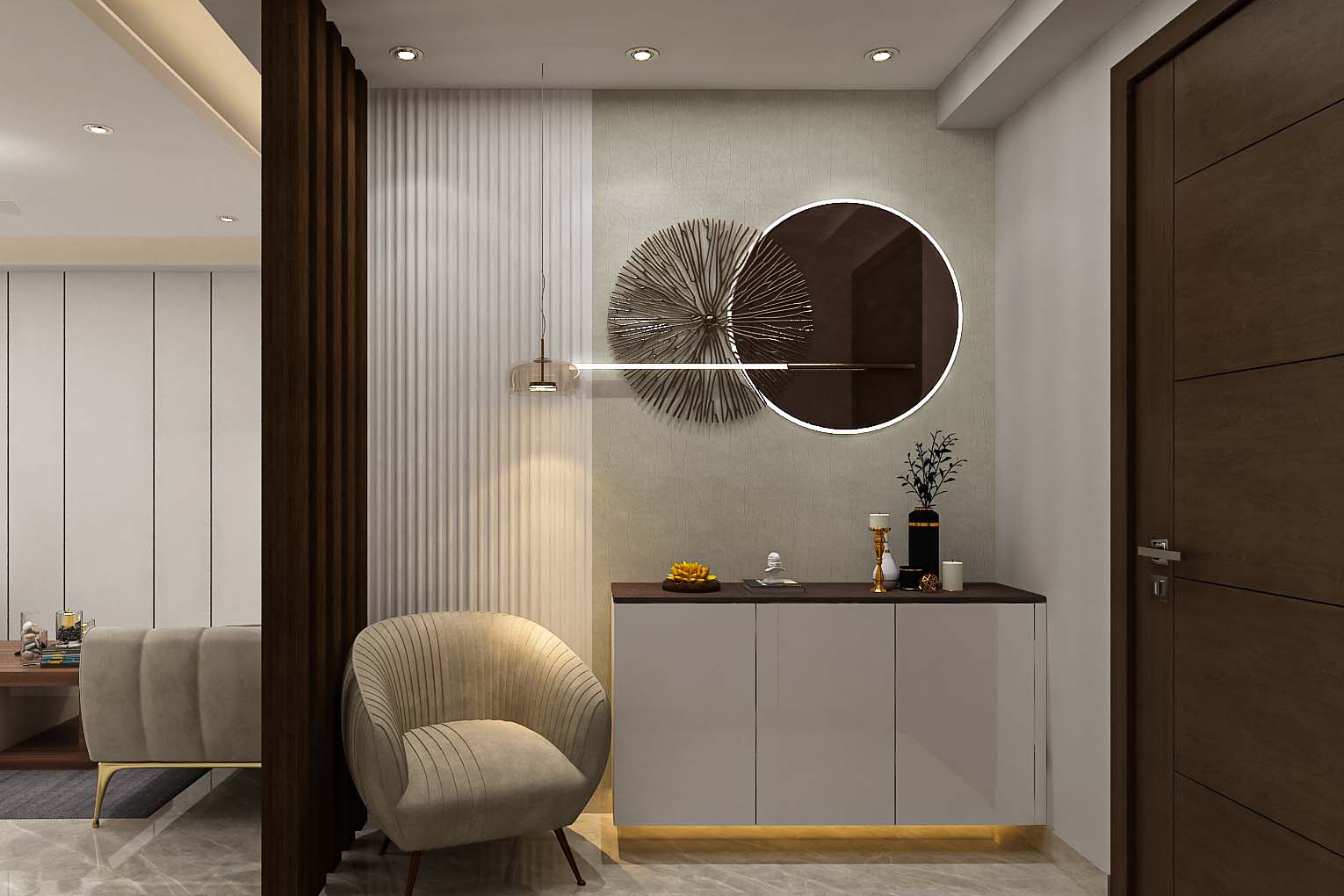 Modern Foyer Design With White Panel Grooves | Livspace