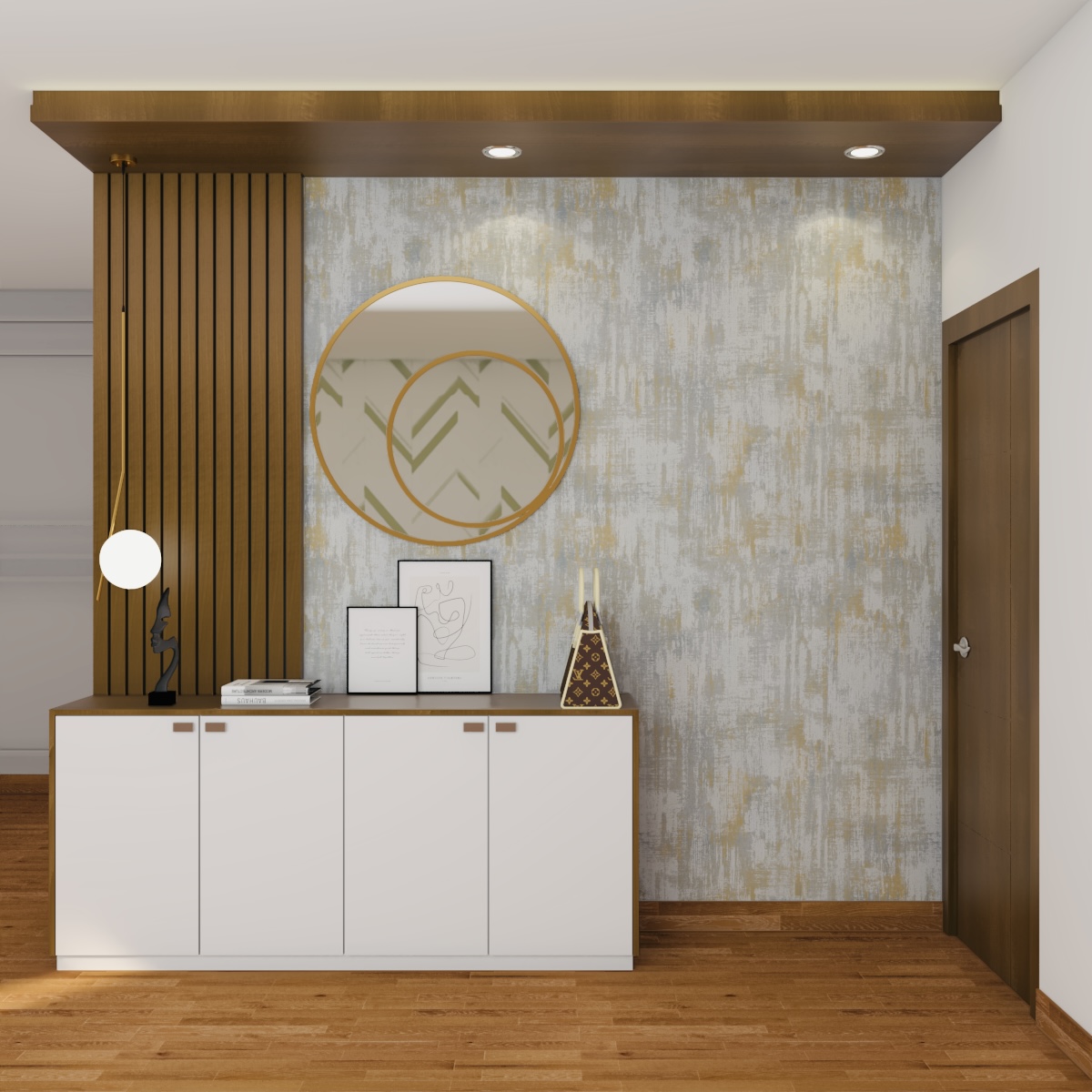 Compact Foyer Design With Wooden Panels And Ambient Lights | Livspace