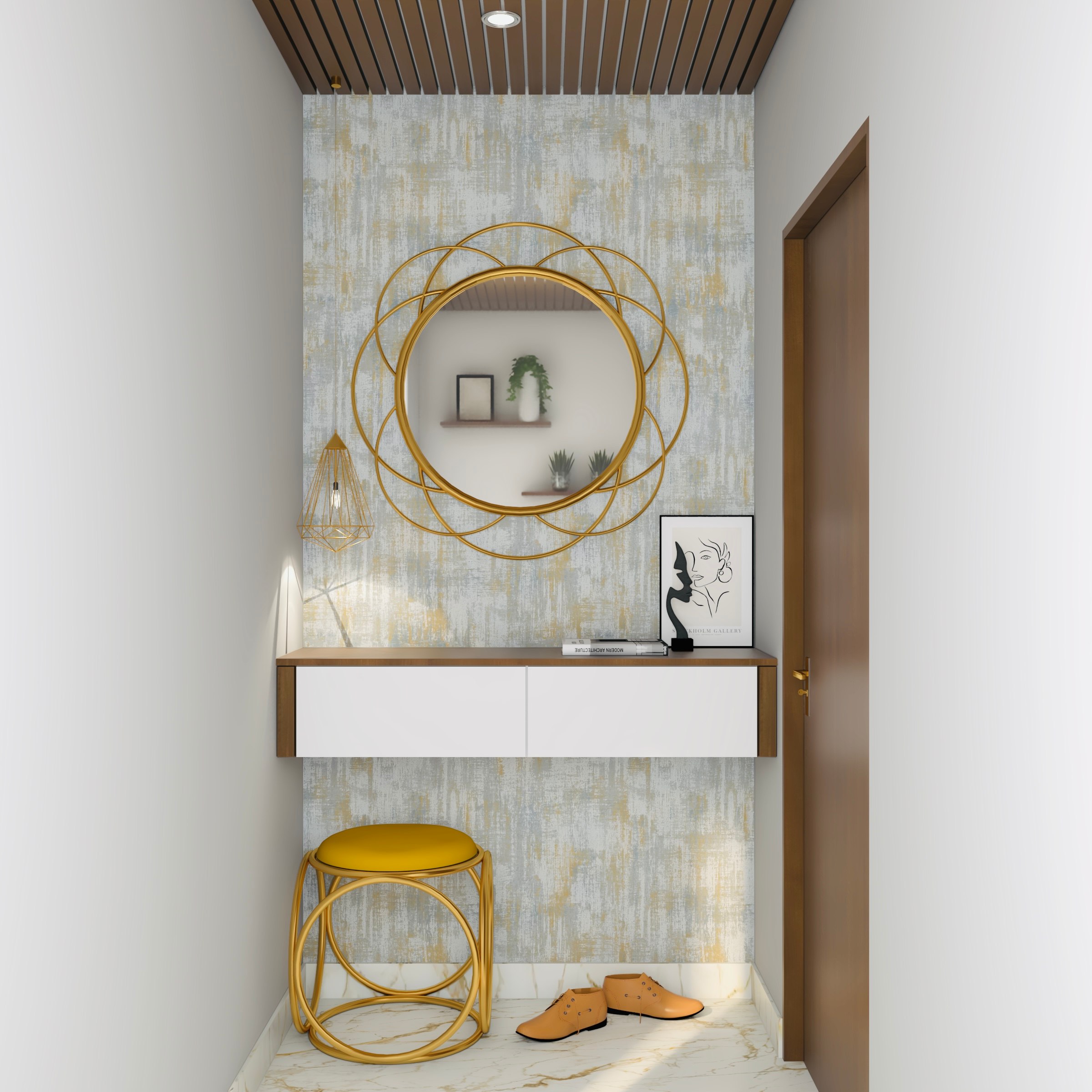 Contemporary Foyer Design With Brass Finish Mirror And Wooden Ceiling ...