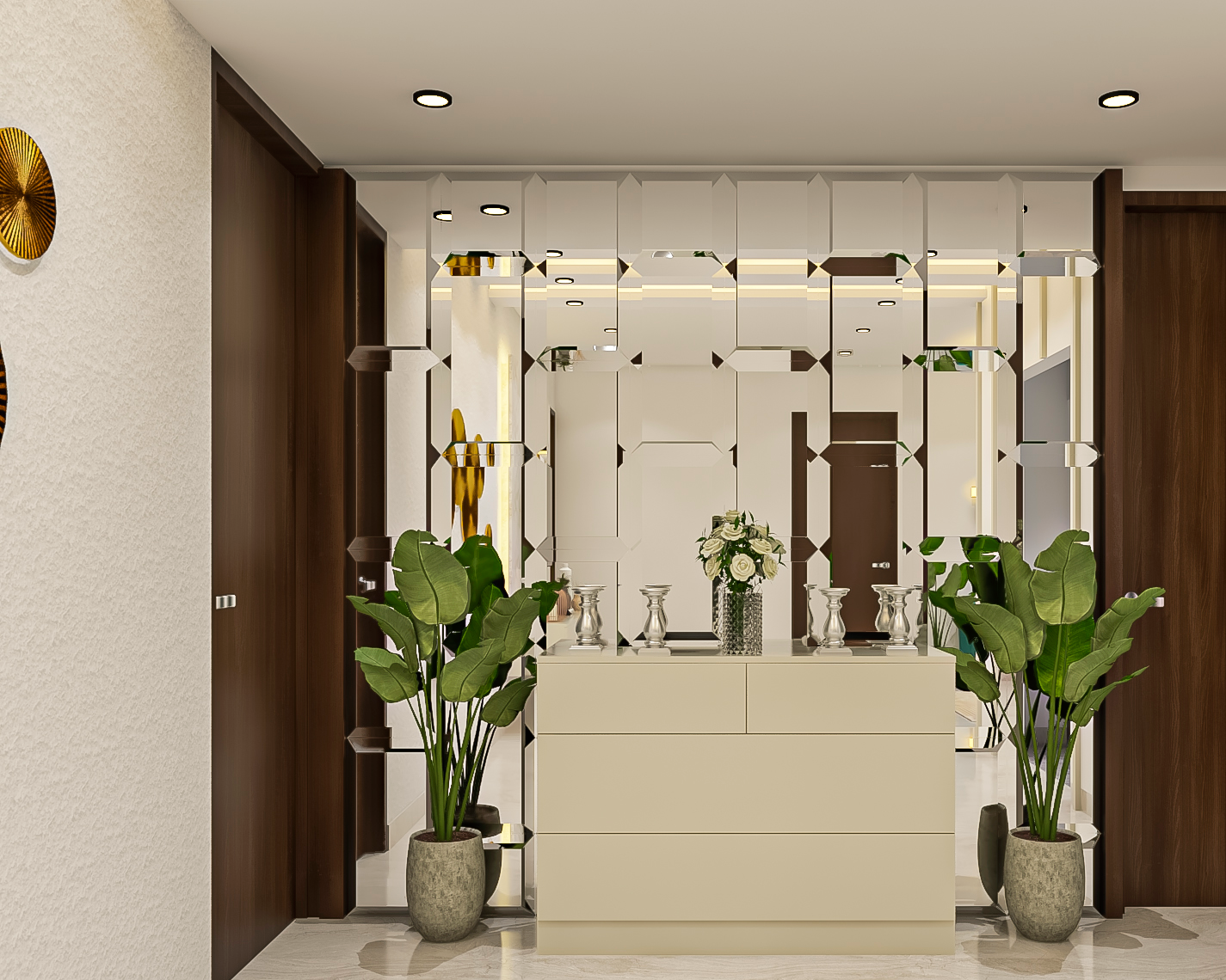 Spacious Foyer Design With Mirrored Wall | Livspace