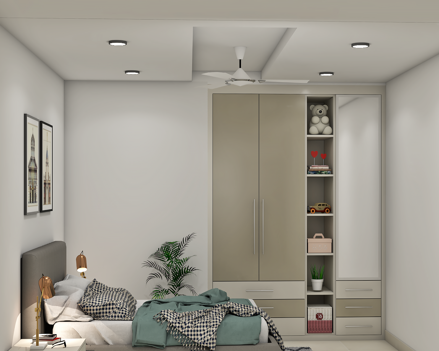 Spacious Guest Bedroom Design With Wardrobe And Shelves | Livspace